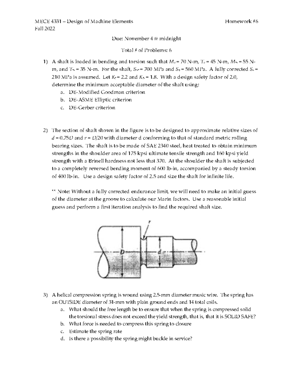 HW 6 - Shafts and Springs - MECE 4331 – Design of Machine Elements ...