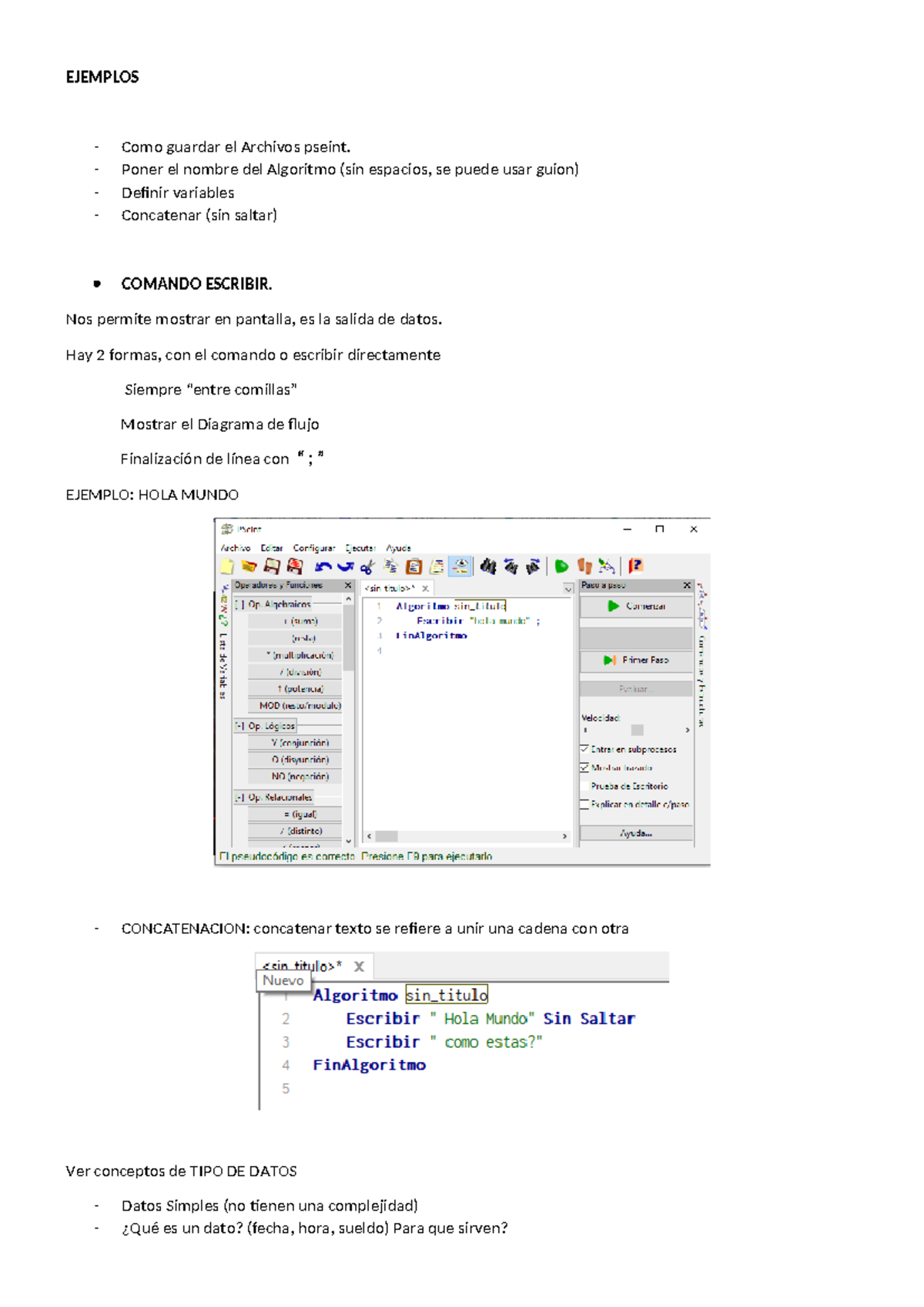 Ejemplos de Comandos en Pseudocódigo Pseint - Guías Básicas - Studocu