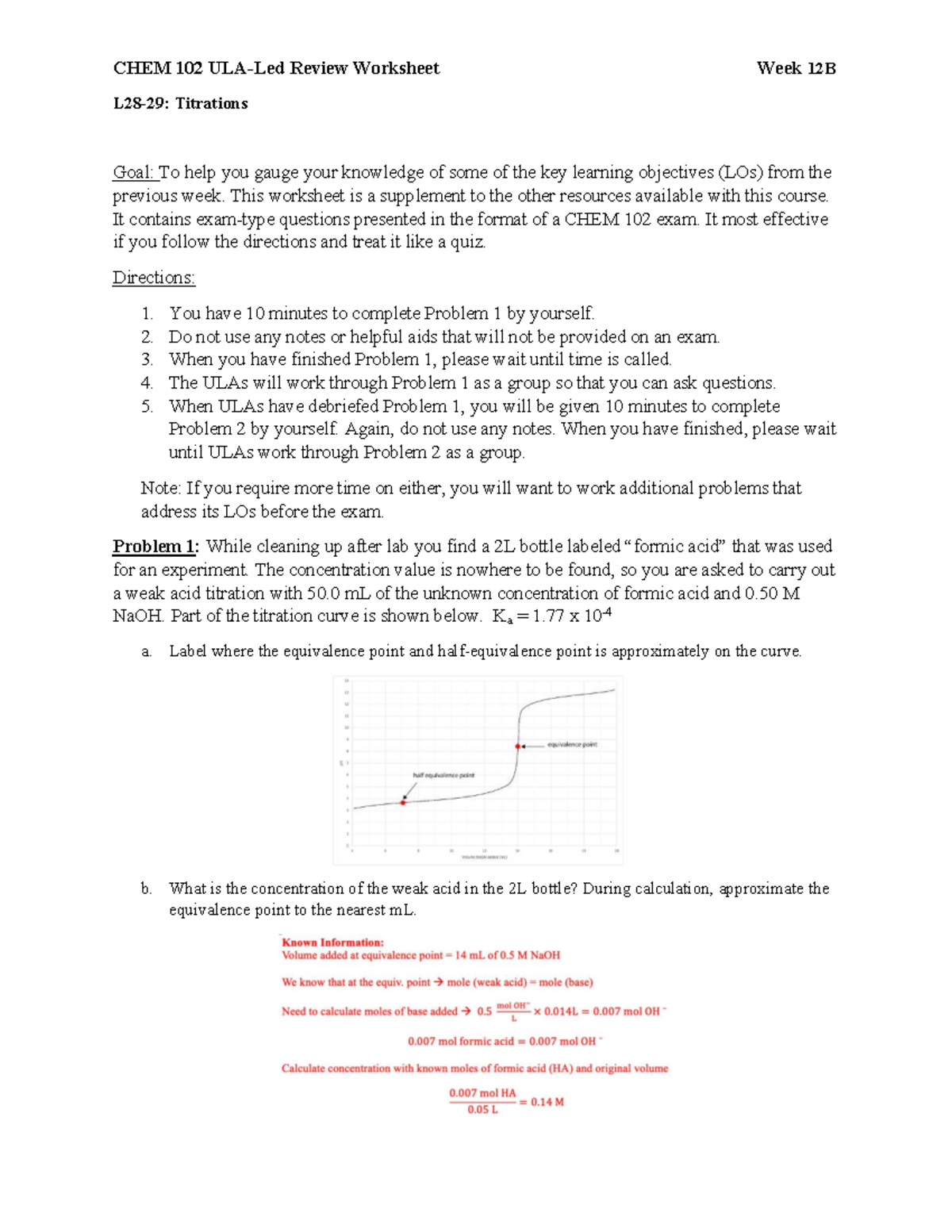 CHEM 102 Week 12B Review Worksheet: Titrations Practice Quiz - Studocu