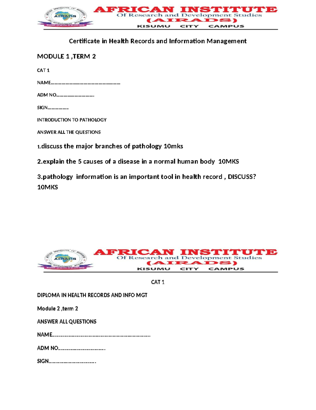 Certificate in Health Records & Info Management CAT 1 Exam Revision ...