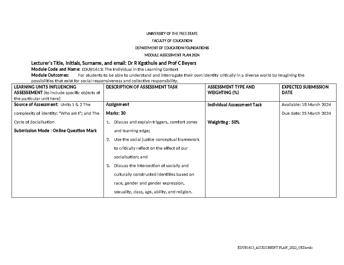 EDUB1613 2024 Assessment Plan: Identity and Social Justice Tasks - Studocu