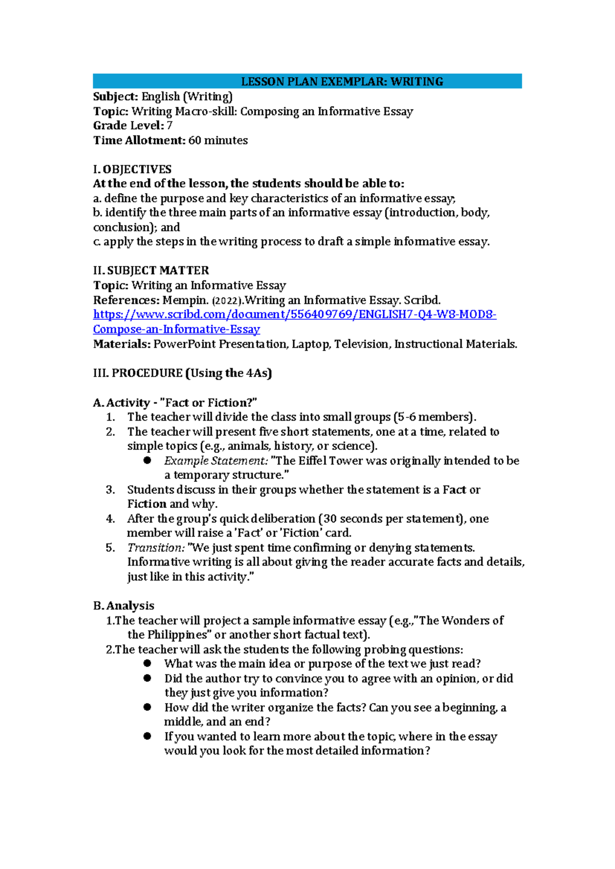 Lesson Plan Exemplar: Writing an Informative Essay (Grade 7) - Studocu