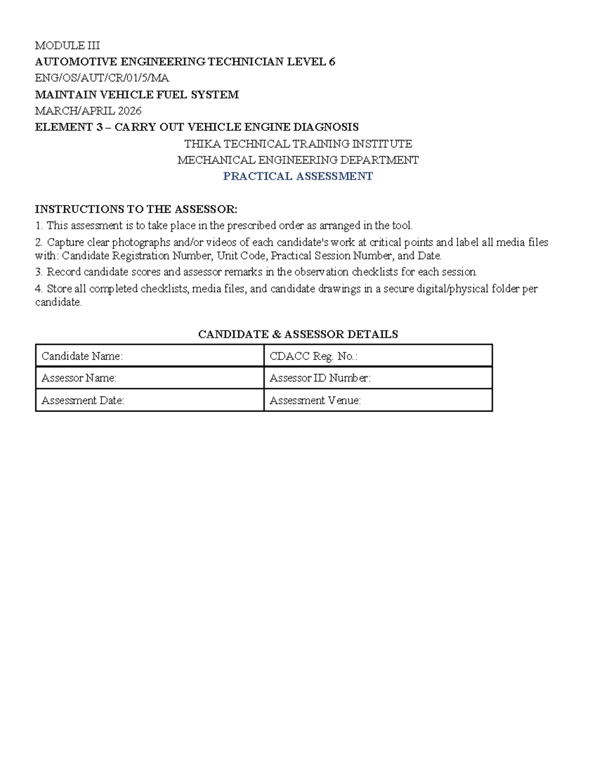 Automotive Engineering Technician Level 6: Vehicle Engine Diagnosis ...