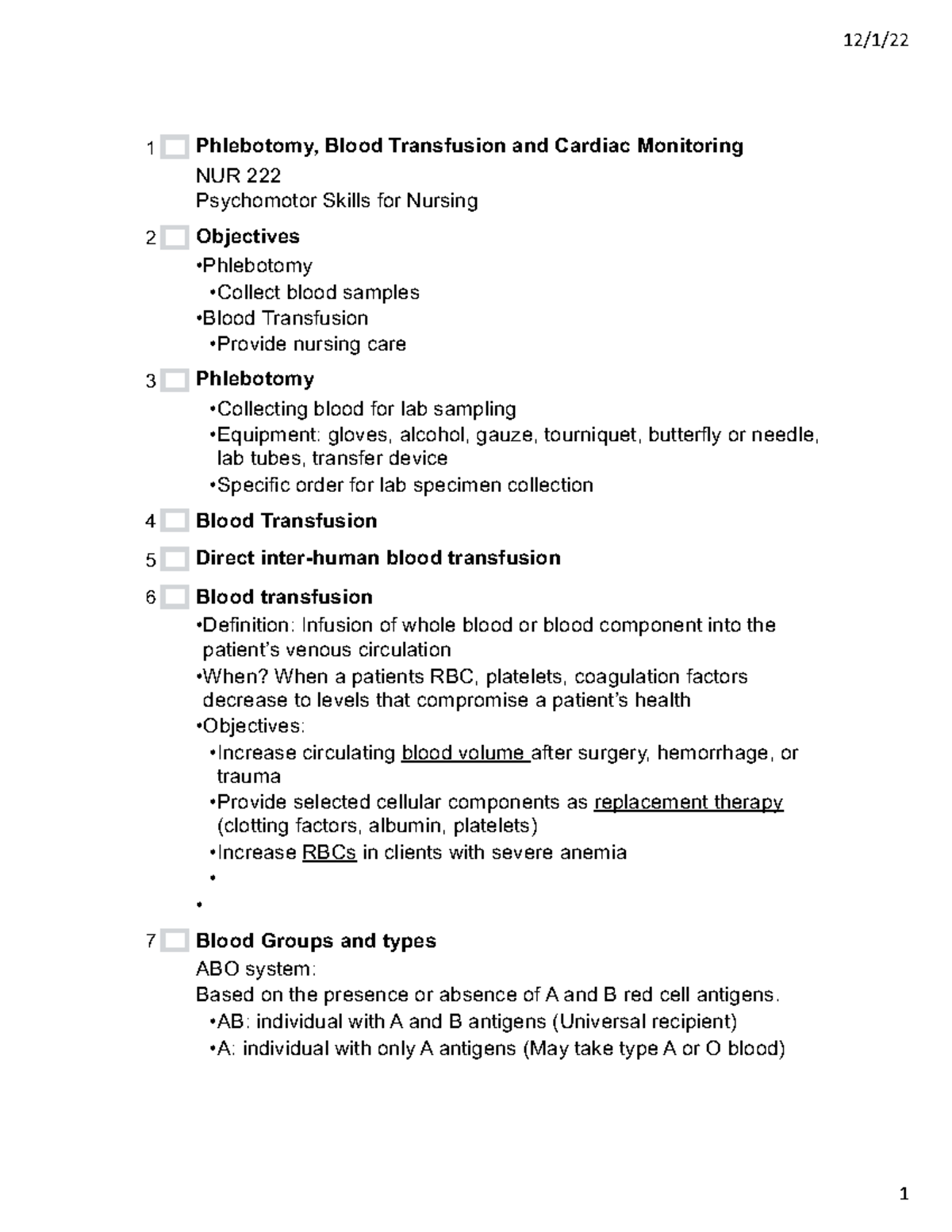 222 Phlebotomy, Blood Transfusion and Cardiac Monitoring - 12/1/ 1 ...