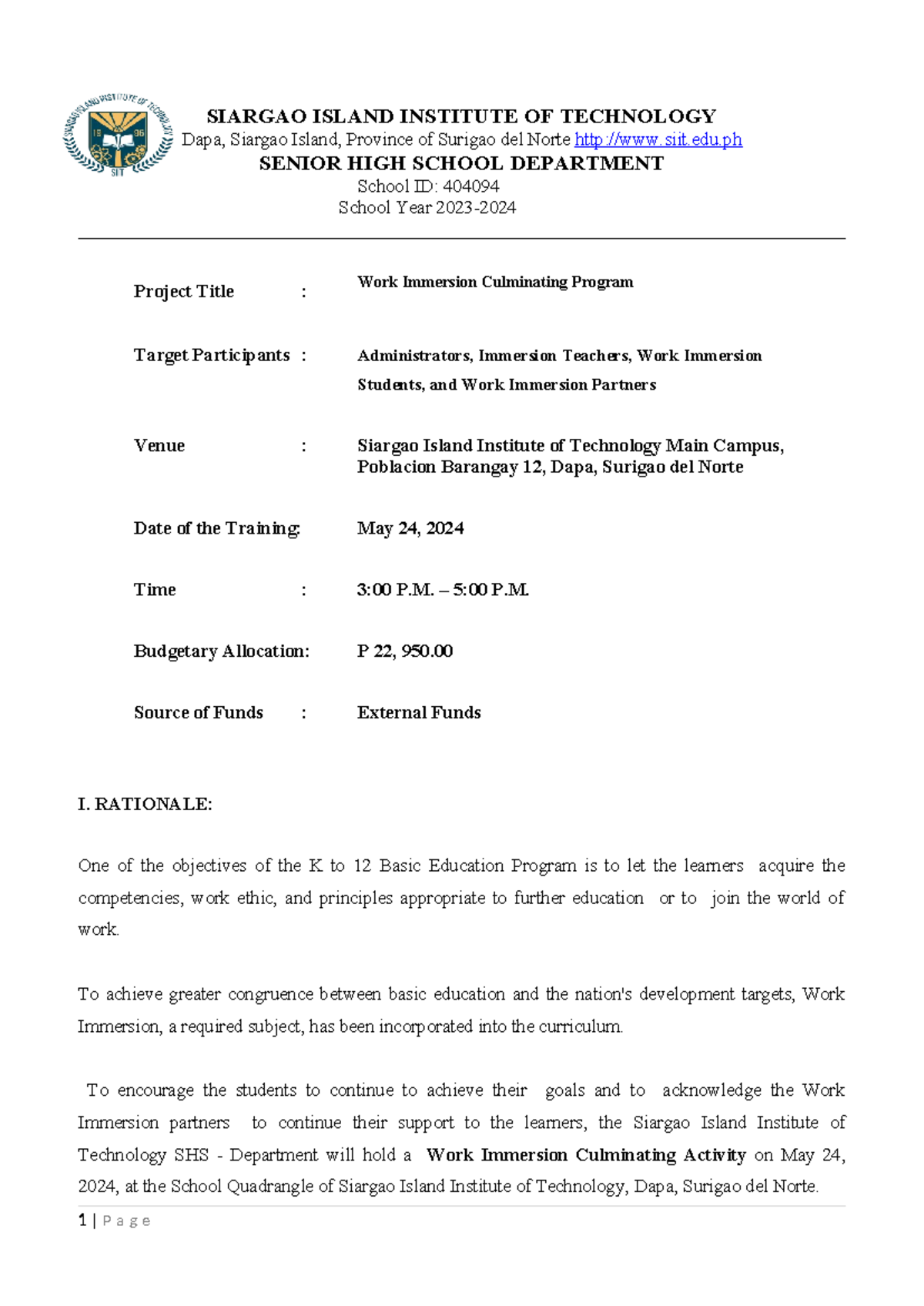 Work Immersion Culminating Program Proposal - SIIT SHS 2024 - Studocu