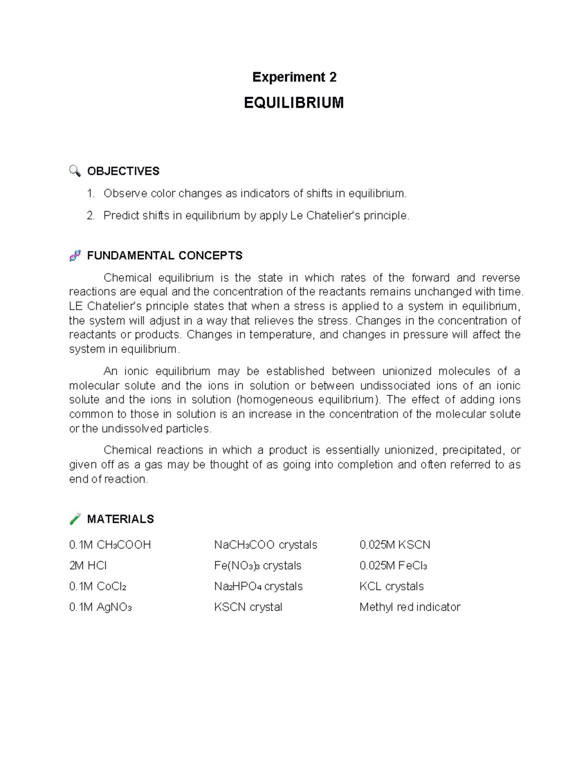Inorganic Chemistry: Experiment 2: Equilibrium - Experiment 2 ...