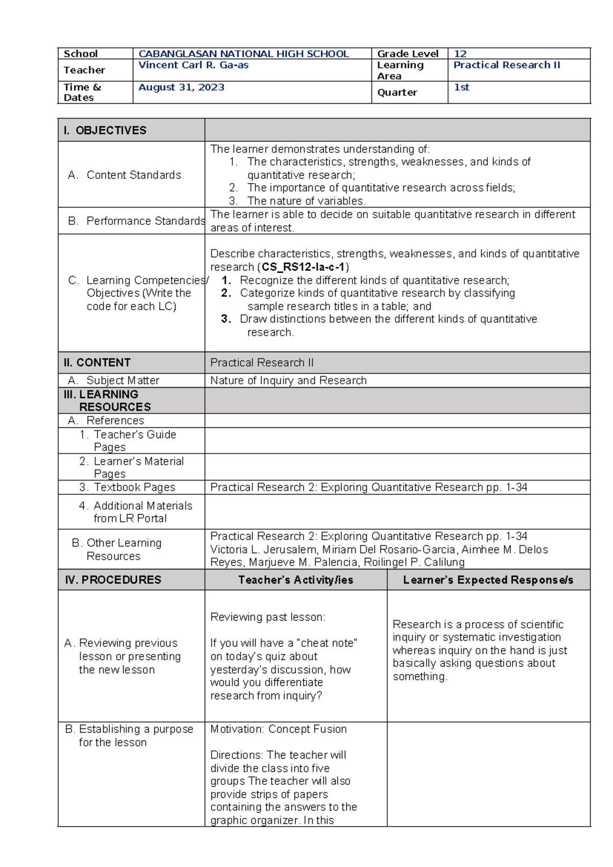 Practical Research II Lesson Plan: Understanding Quantitative Research ...