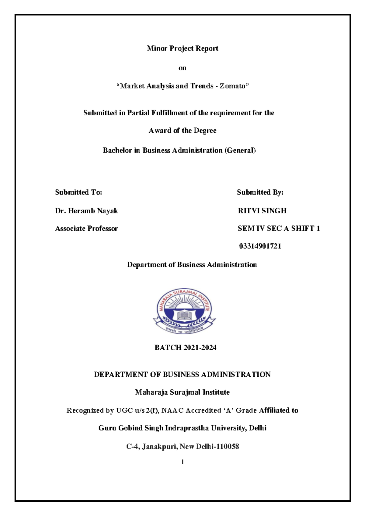 BBA-114 Minor Project Report: Market Analysis & Trends - Zomato - Studocu