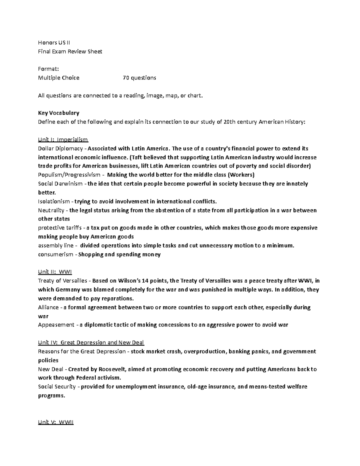 Honors US II Final Exam Review Sheet: Key Concepts in 20th Century ...