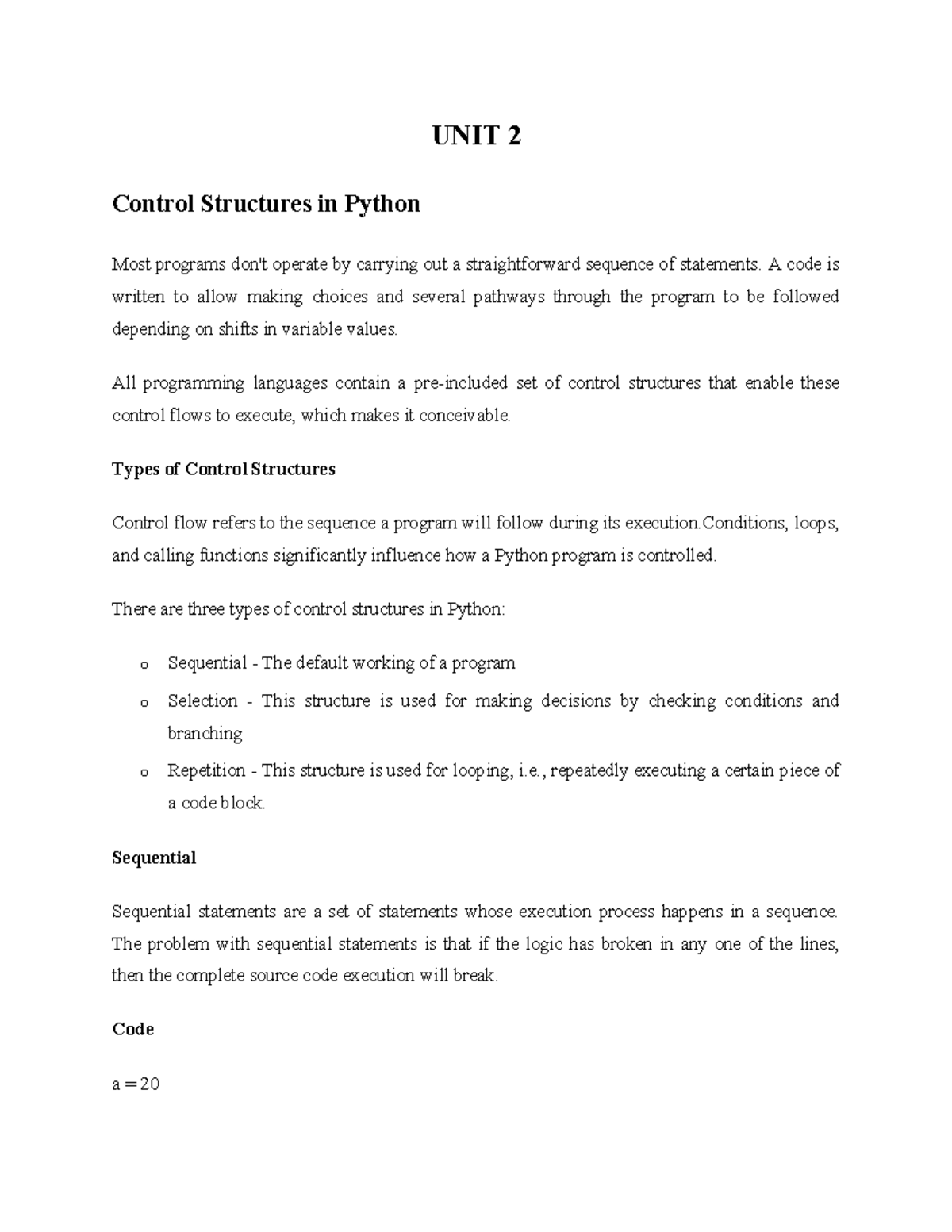 Python UNIT 2 - Control structures and flow in programming - Studocu