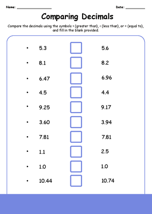 Comparing Decimal Numbers - 4th Grade Worksheet - Name: Date: Comparing ...