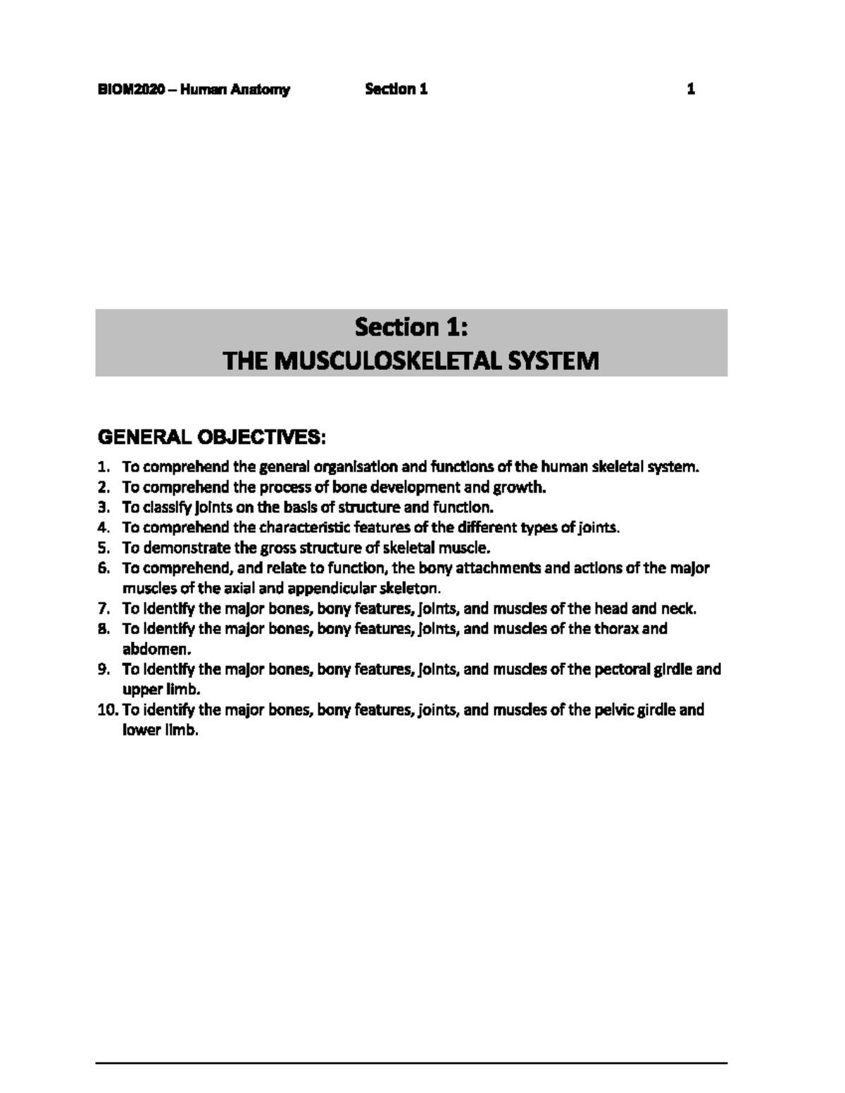 BIOM2020 Lab Manual 1: Musculoskeletal System Overview and Practical ...