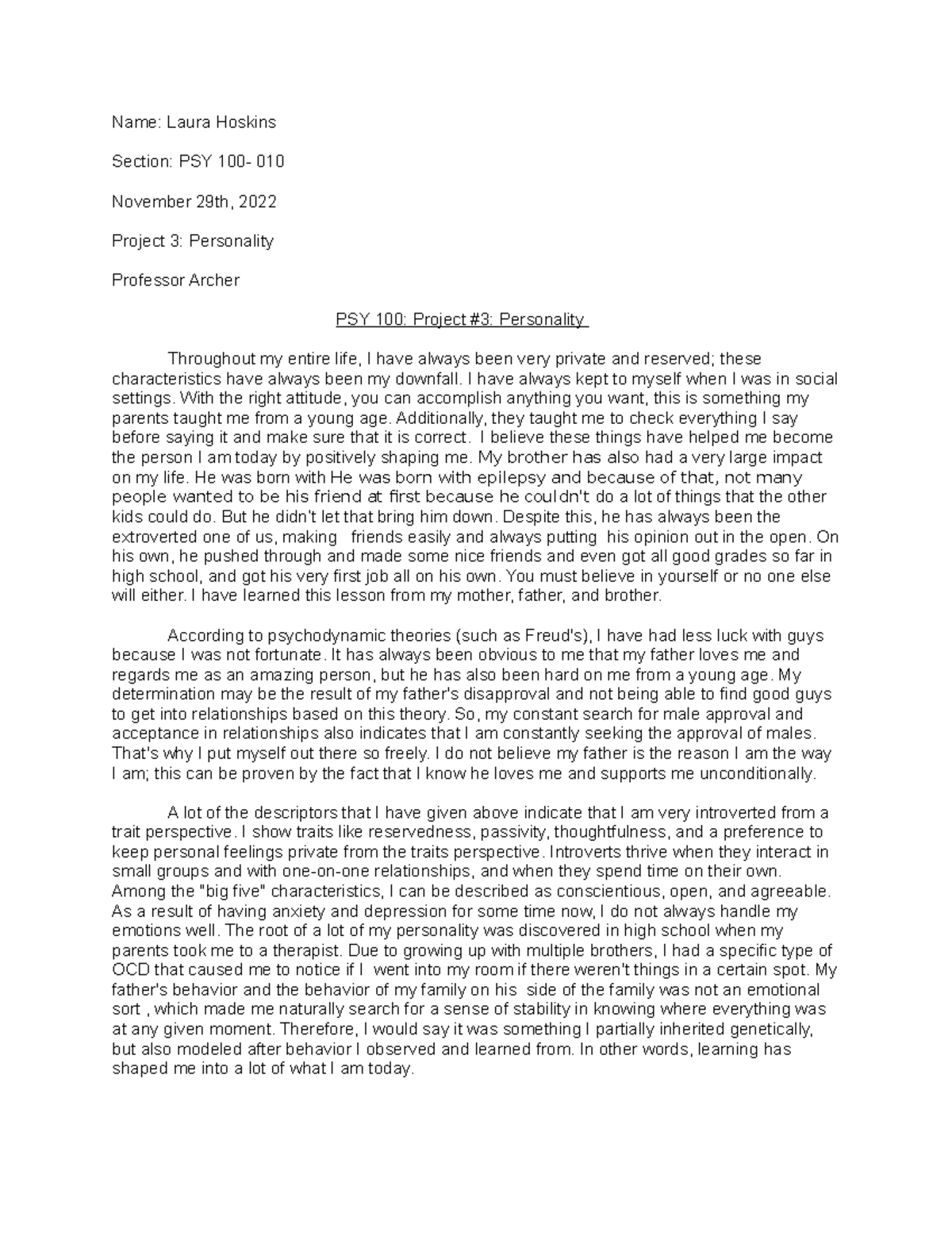 PSY 100- Project 3 Personality - Name: Laura Hoskins Section: PSY 100 ...