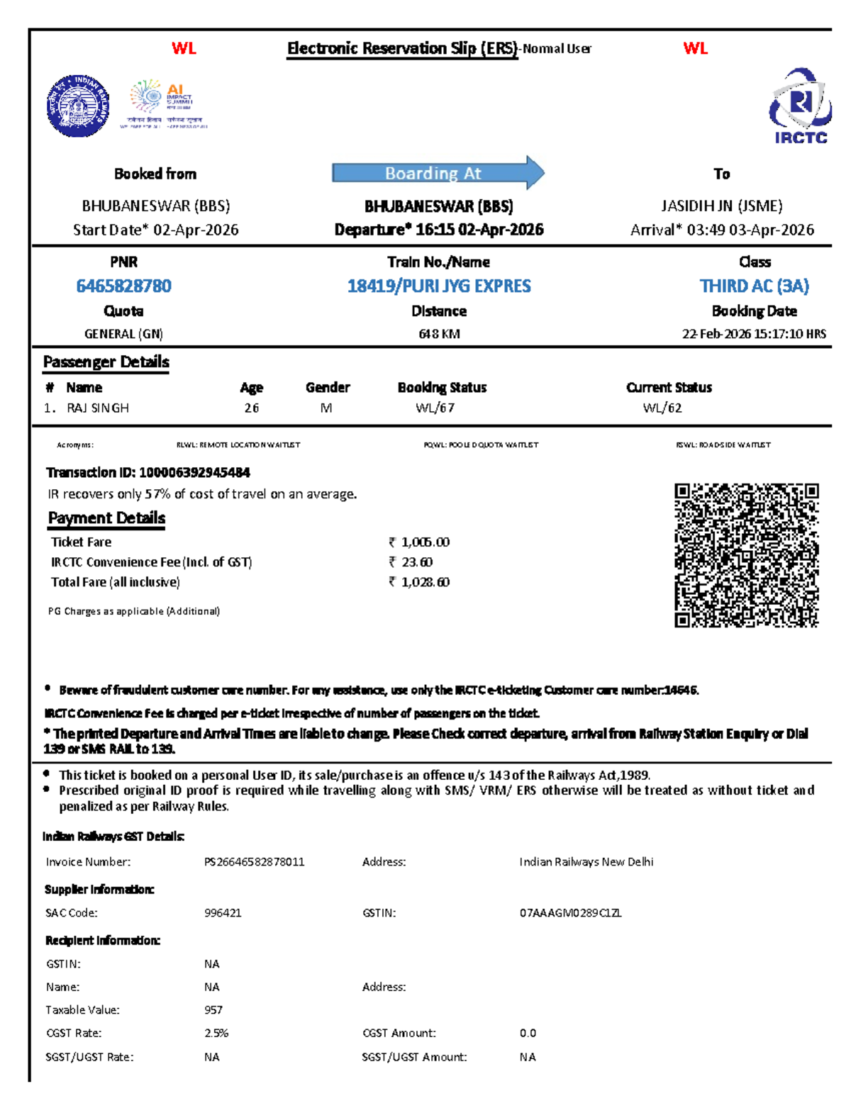 WL Electronic Reservation Slip for Train Booking from BBS to JSME - Studocu