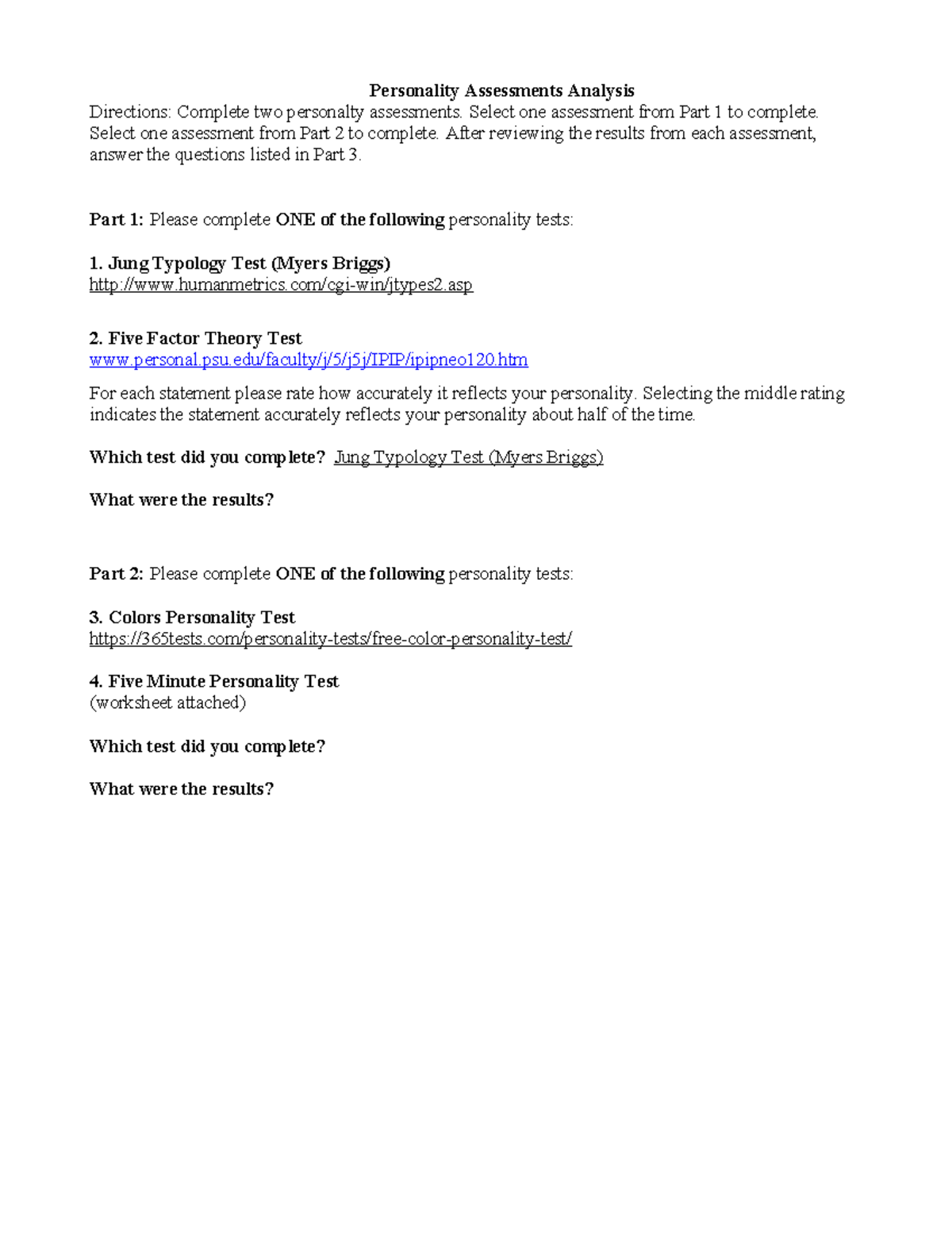 Personality Assessments Analysis: Test Results & Reflections - Studocu