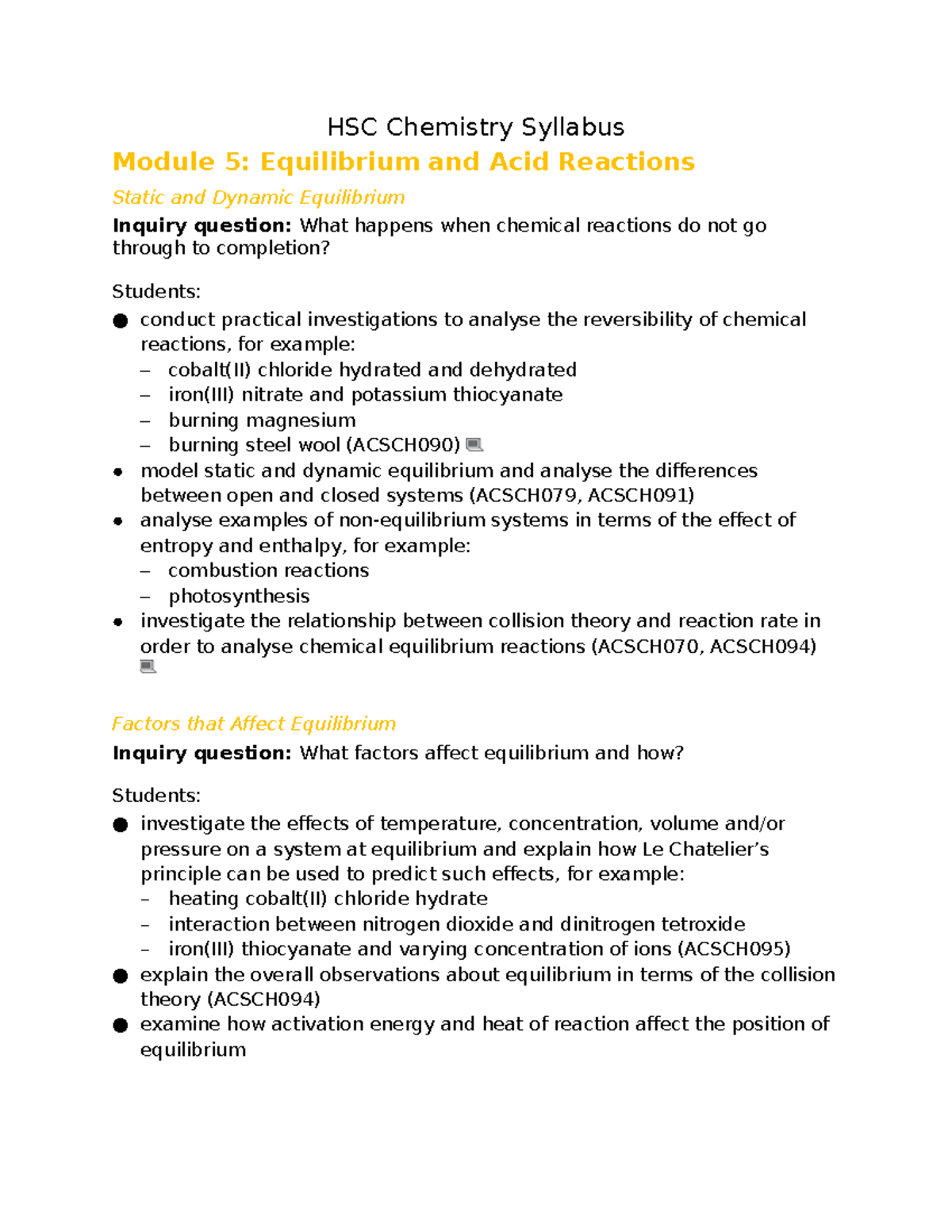 HSC Chemistry Syllabus: Module 5 - Equilibrium & Acid Reactions - Studocu