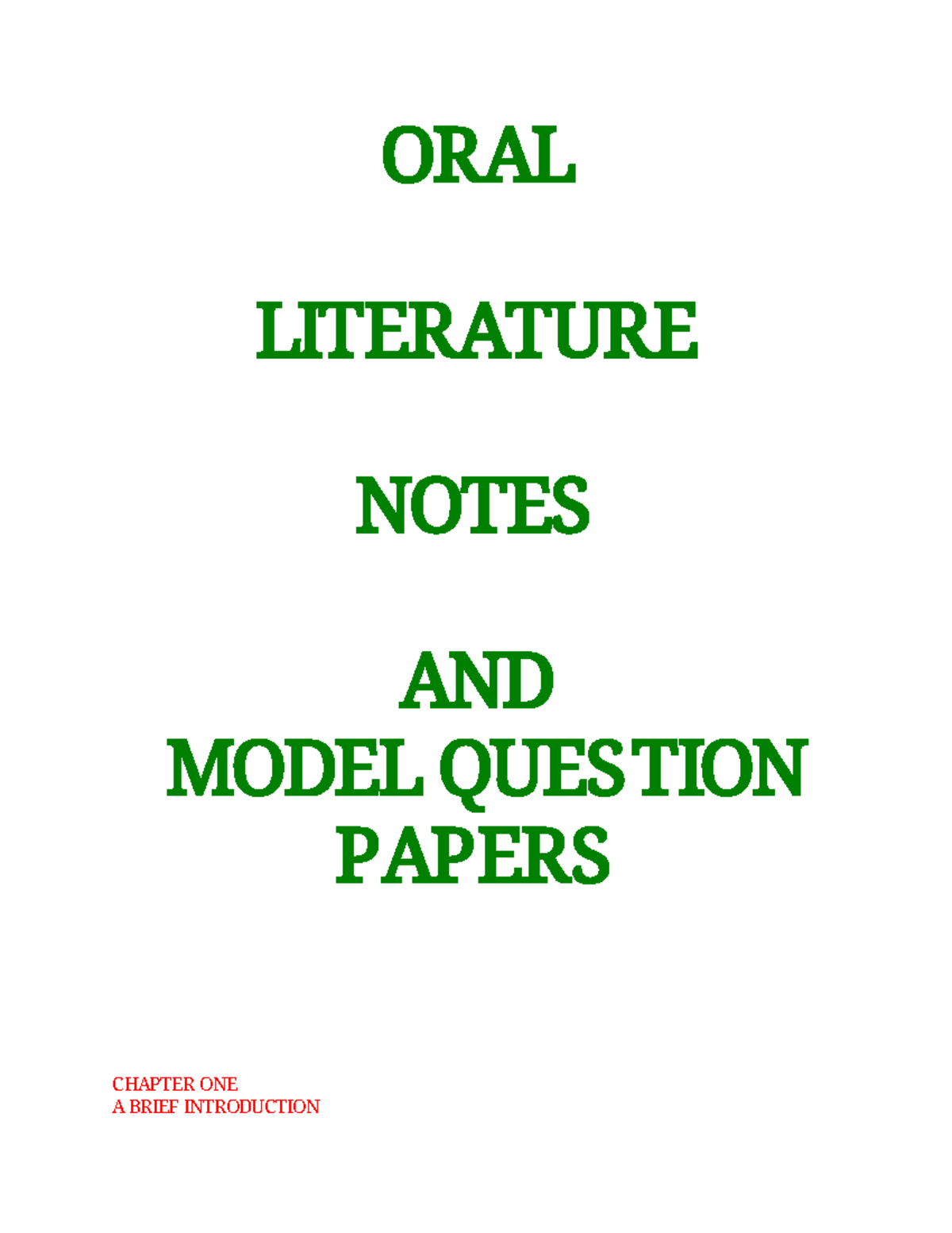ORAL Literature - SEMESTER NOTES - ORAL LITERATURE NOTES AND ...