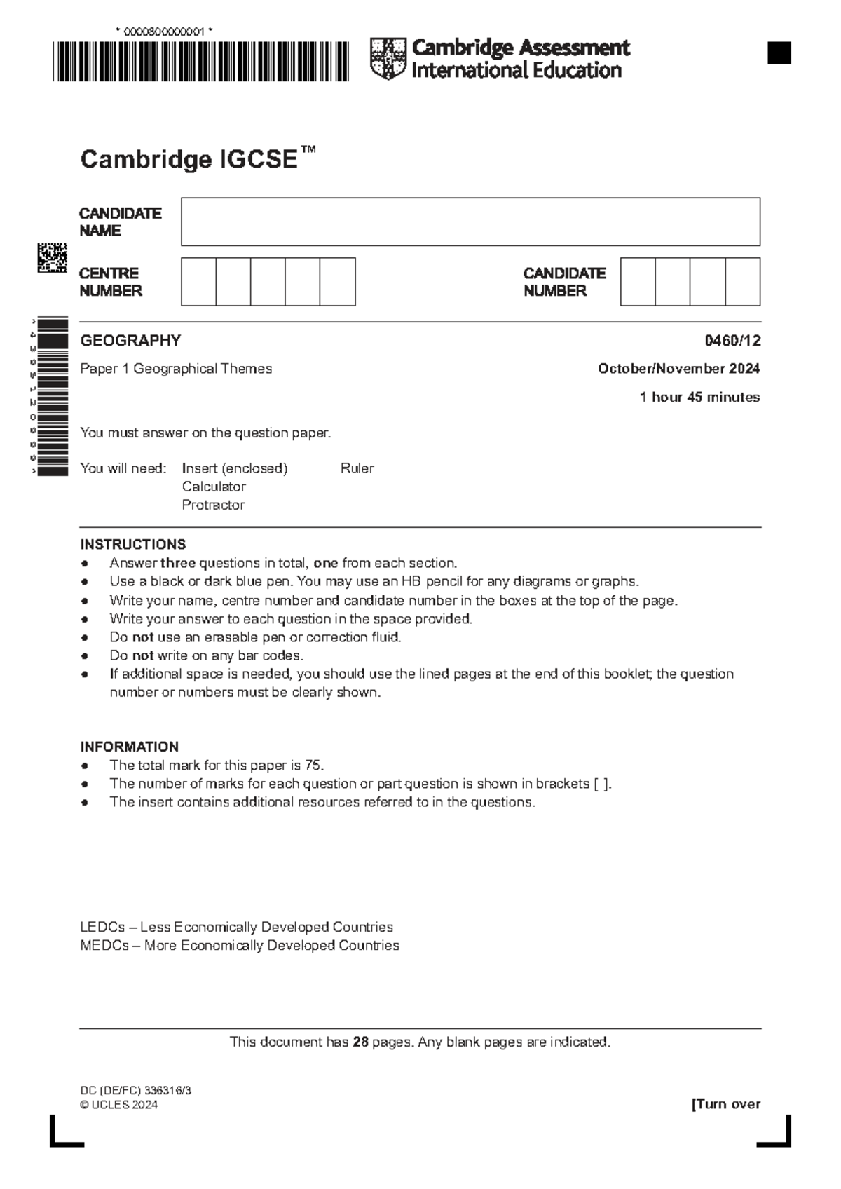 Geography IGCSE 0460 W24 Paper 1 Past Exam Questions and Themes - Studocu