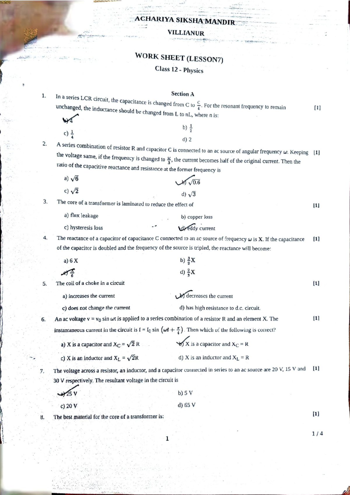 Class 12 Physics 1: LCR Circuit Concepts and Worksheet (Lesson 7) - Studocu