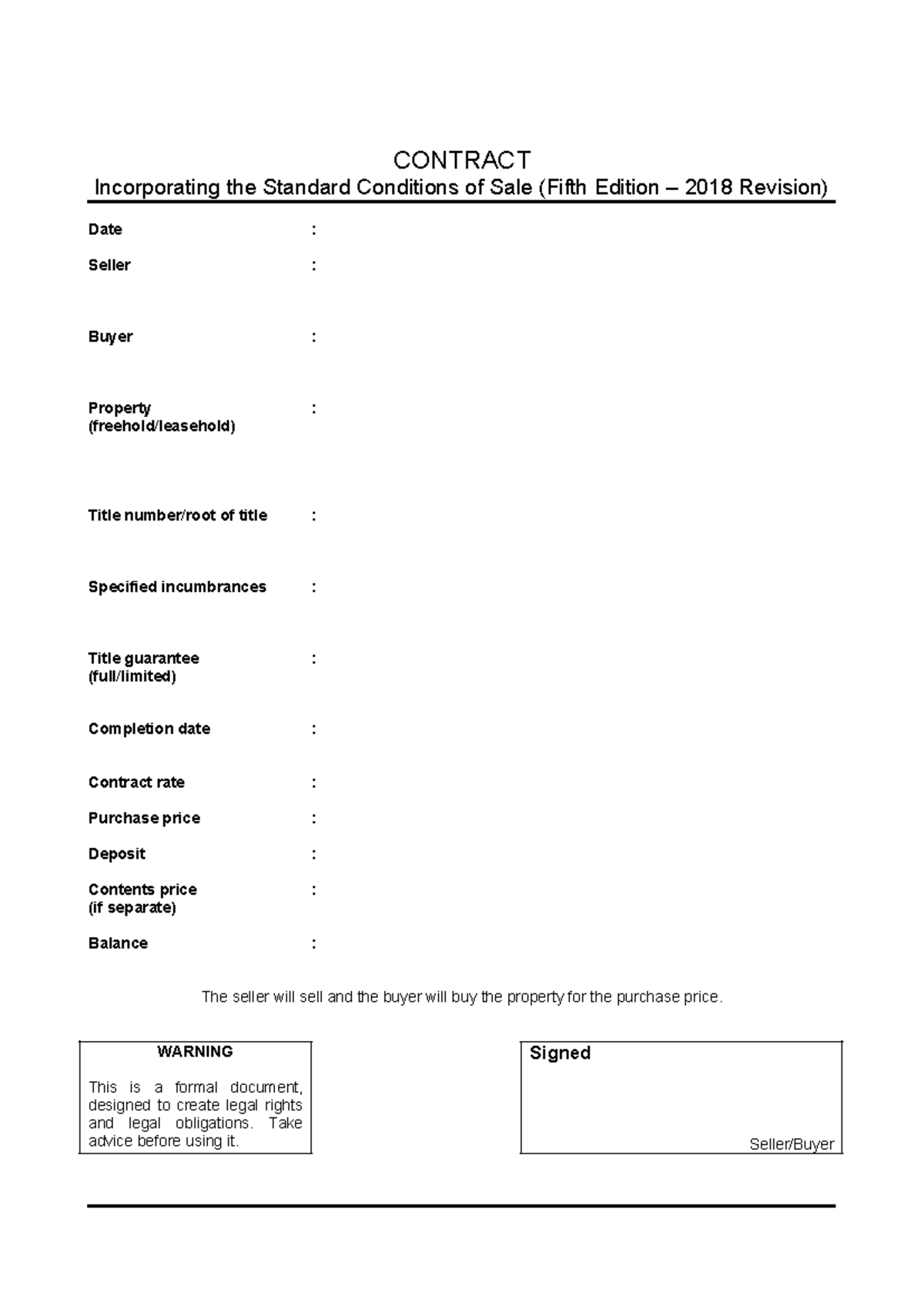 Standard Contract Template - Incorporating Conditions of Sale (2018 ...