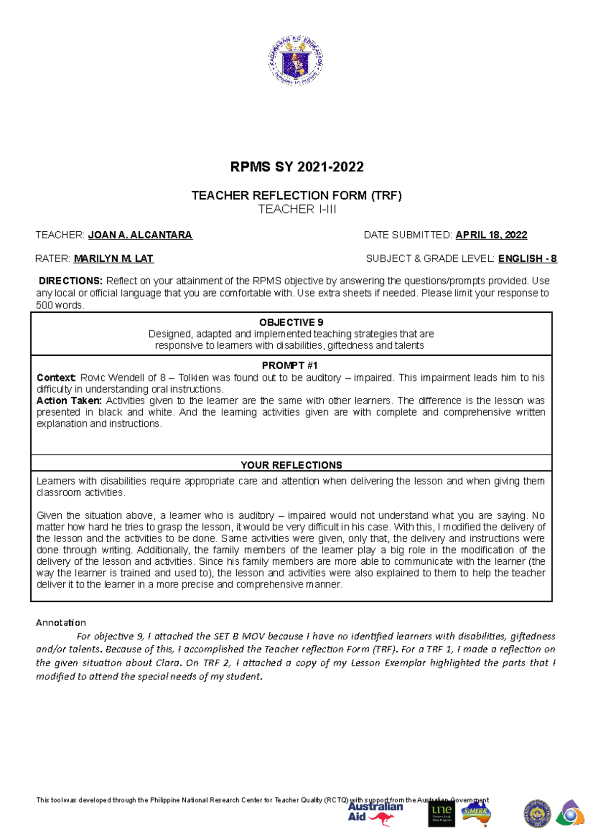 Teacher Reflection Forms for English 8 - RPMS Objectives 9 & 10 - Studocu