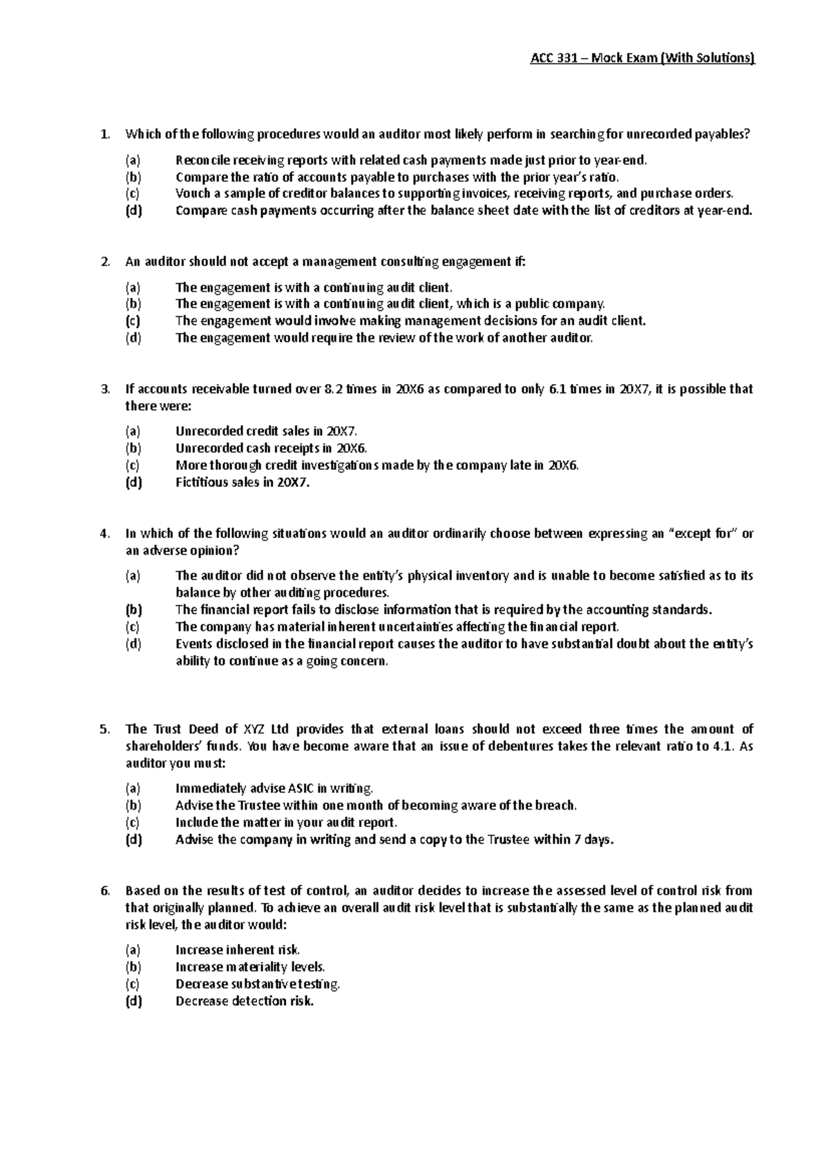 ACC 331 202030 Mock Exam Solutions: Key Topics & Practice Questions ...