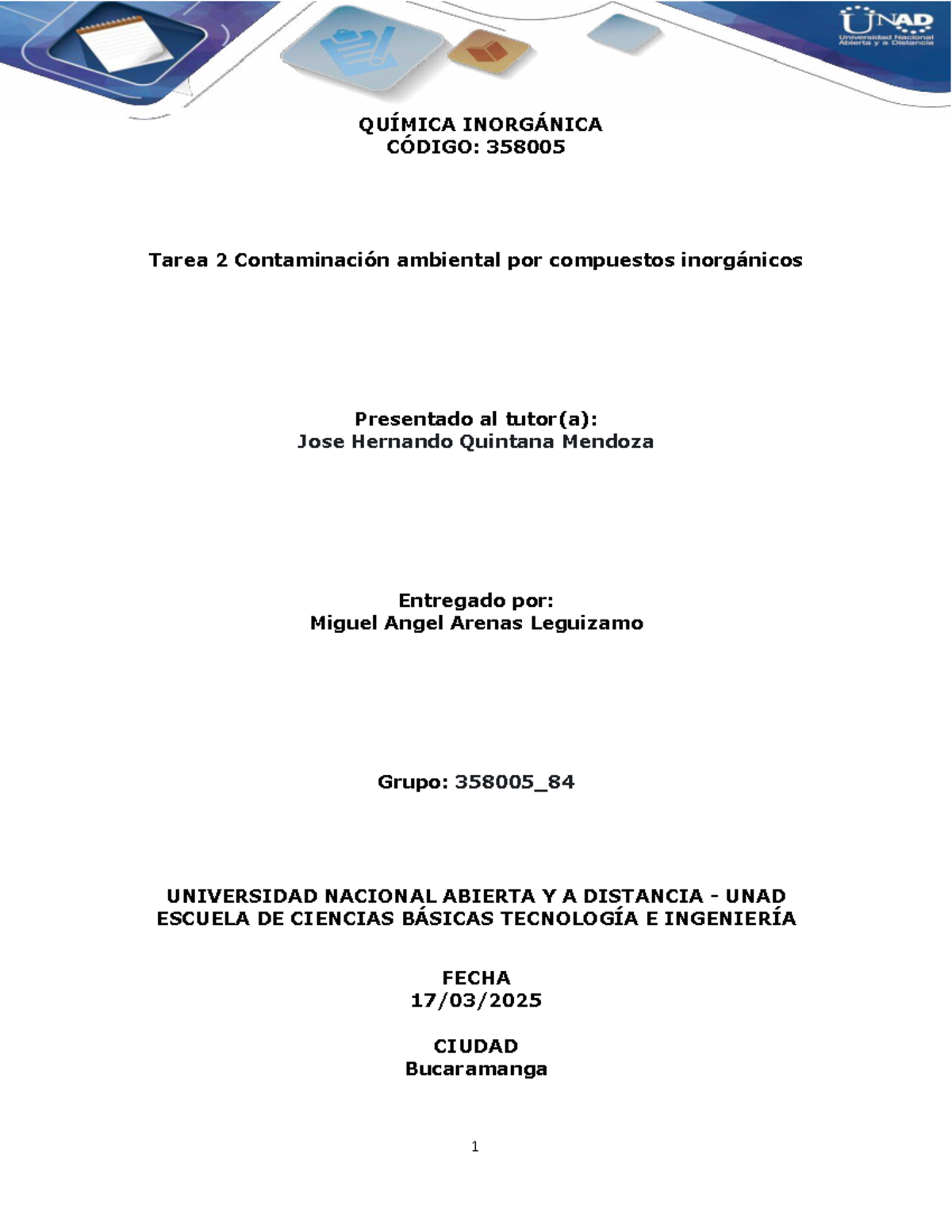 QUÍMICA INORGÁNICA CÓDIGO: 358005 Tarea 2 - Contaminación por SO₃ y ...