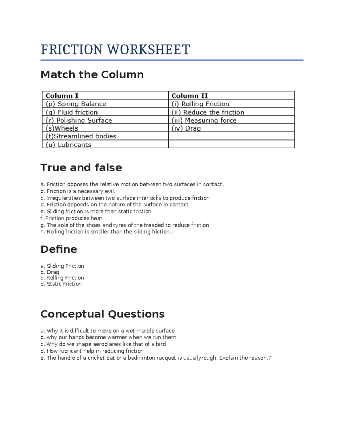 FRICTION WORKSHEET: True/False, MCQs, and Conceptual Questions - Studocu