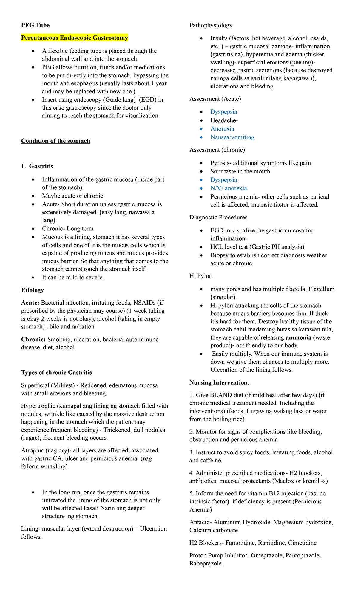 PEG Tube and Gastritis: Insights and Nursing Interventions - Studocu