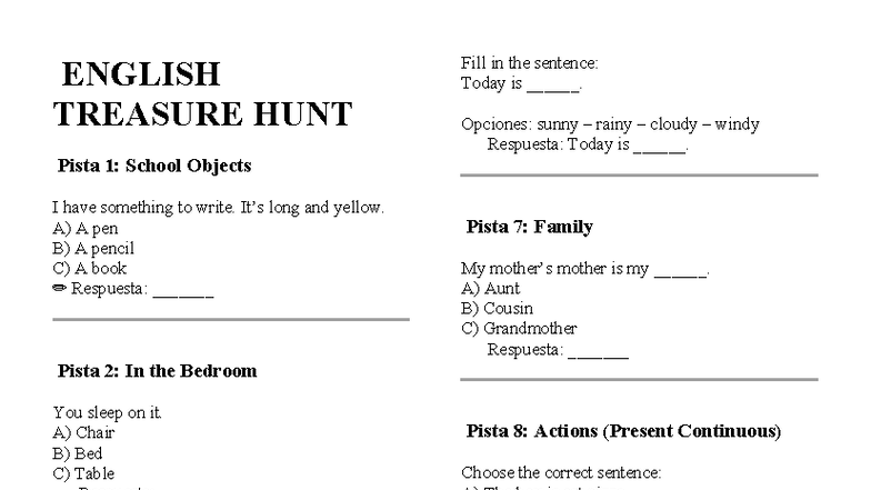 ENGLISH TREASURE HUNT: School Objects & More Activities - Studocu