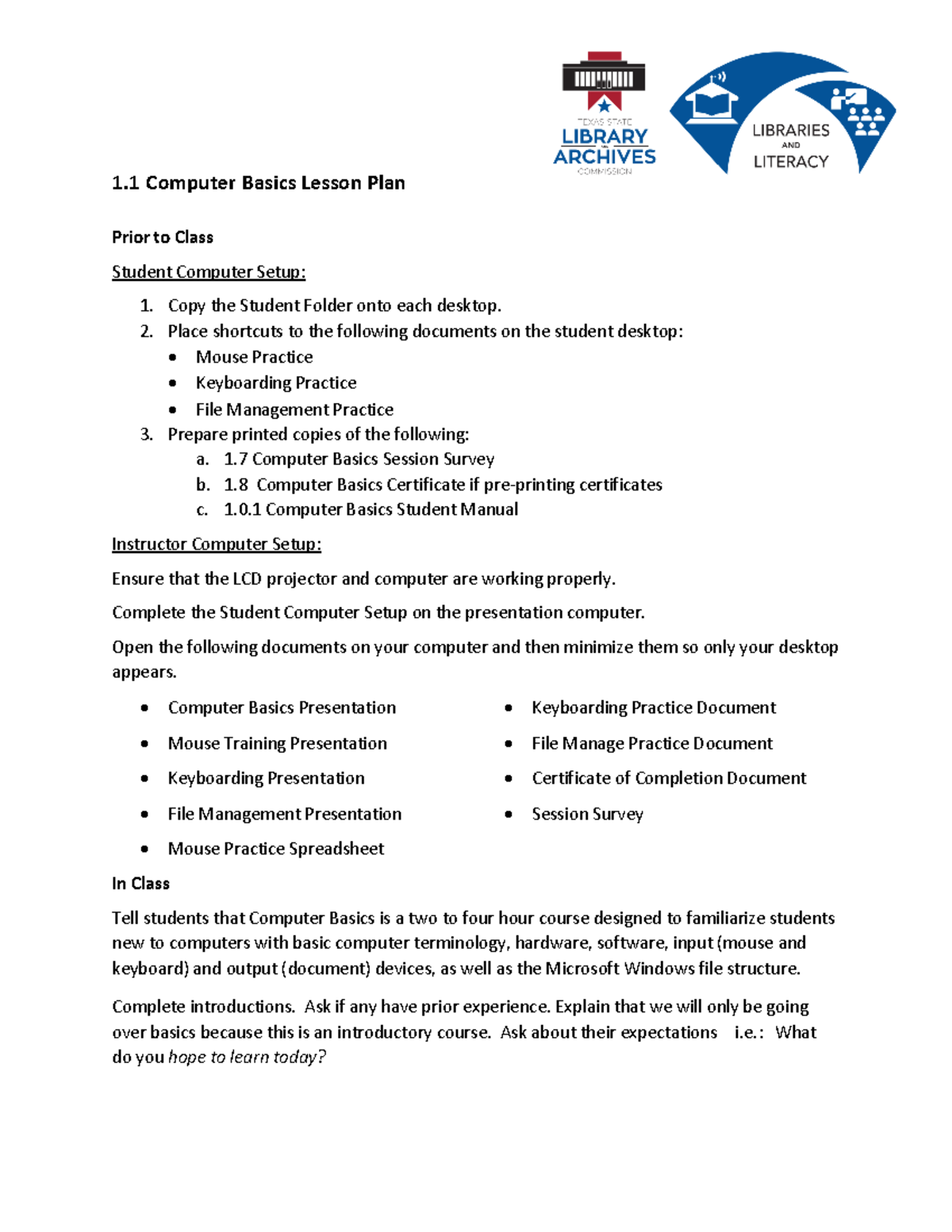 1.1 Computer Basics Lesson Plan: Student Setup & Instruction Guide ...