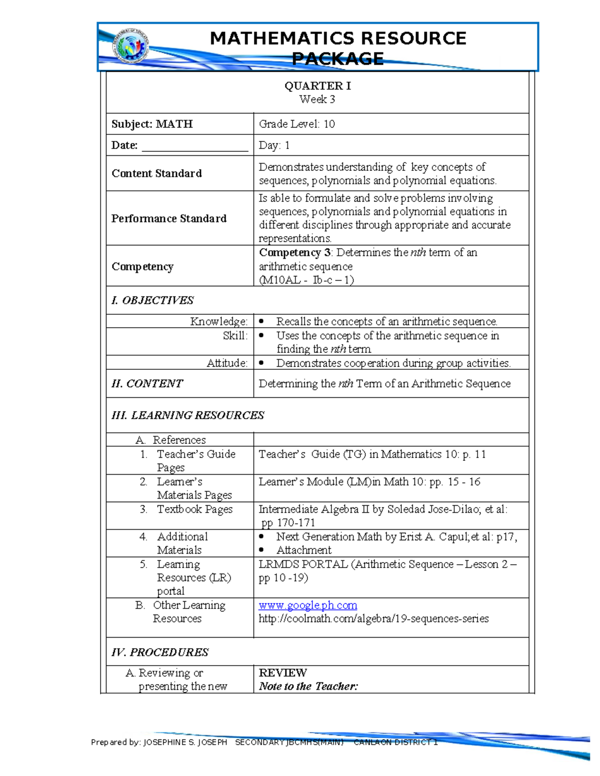 Dlldlp WITH w3 Worksheet-day 1 - PACKAGE QUARTER I Week 3 Subject: MATH ...