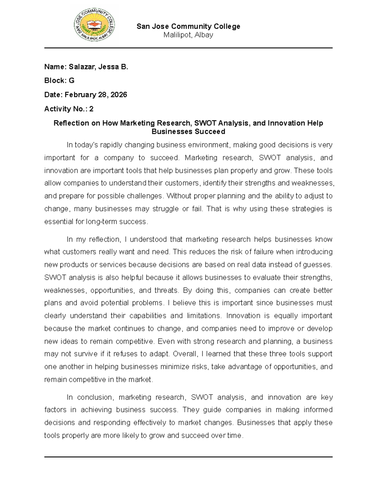 Reflection on Marketing Research, SWOT, and Innovation - Activity 2 ...