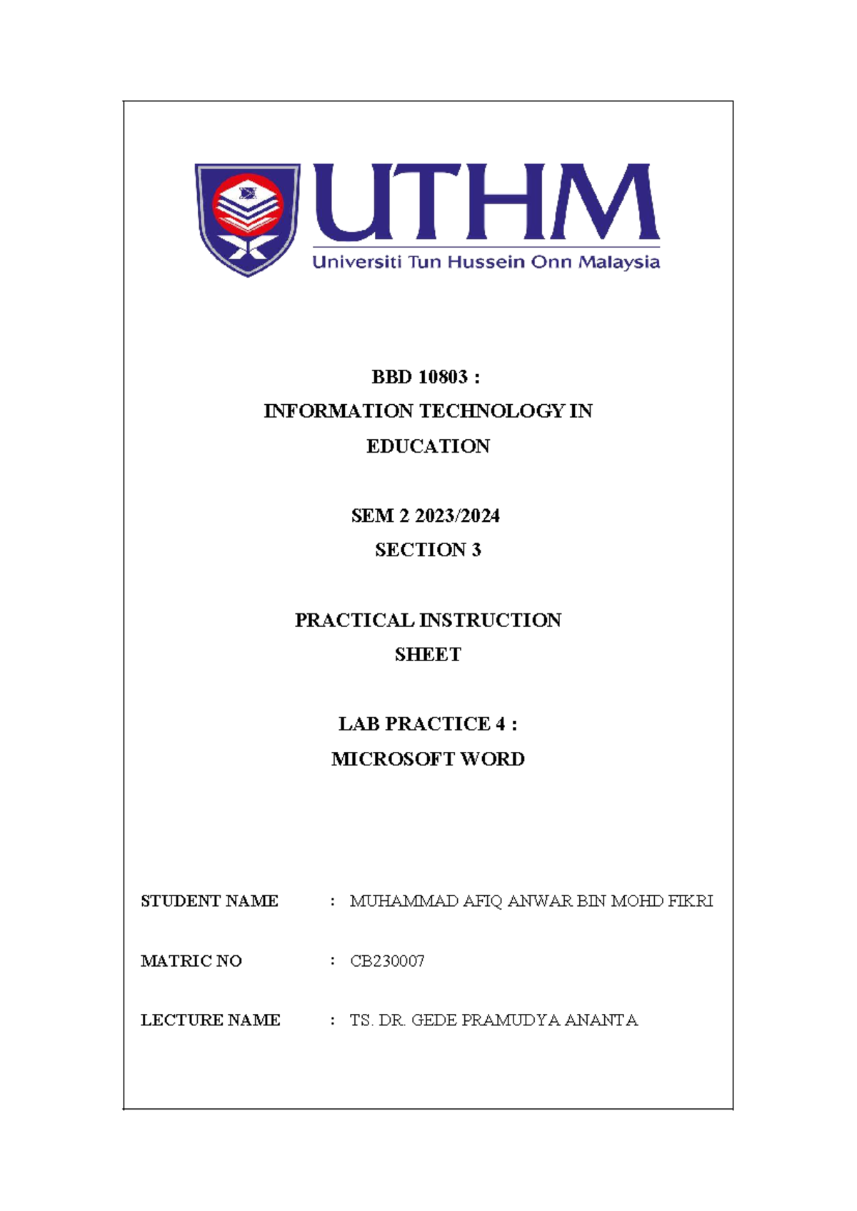 BBD 10803: Practical Instruction Sheet for Lab Practice 4 - Microsoft ...