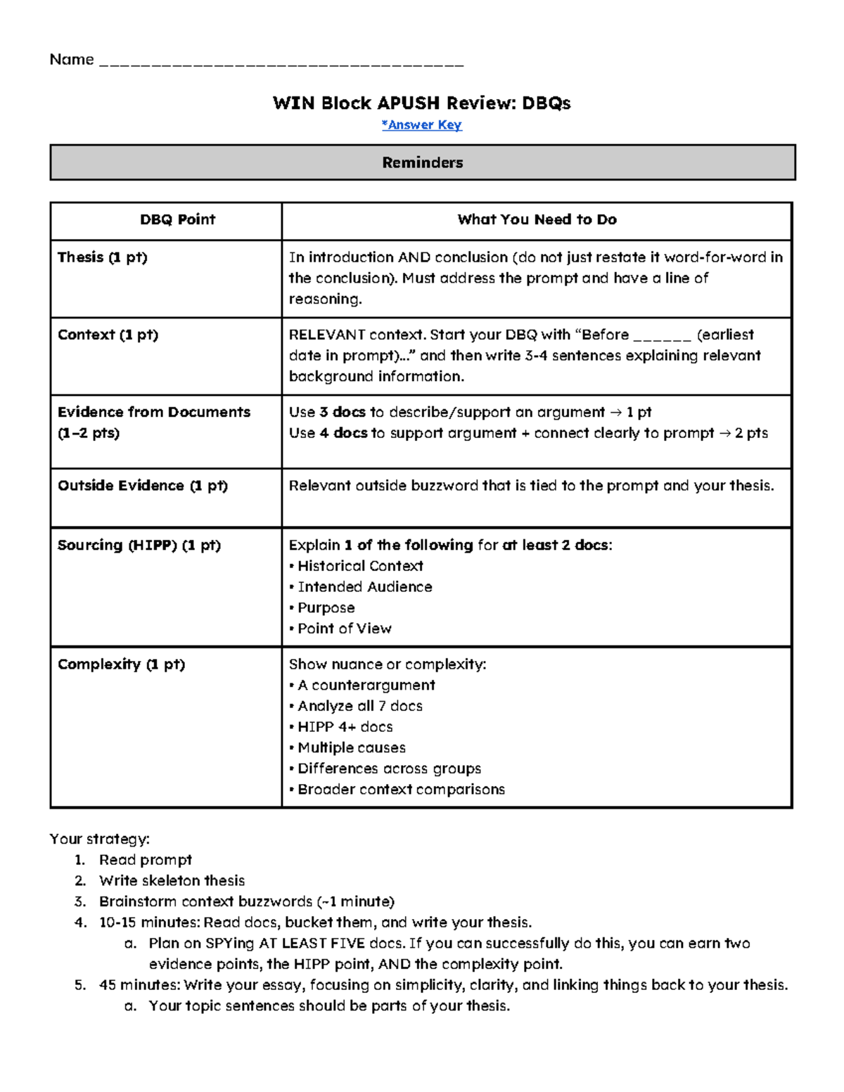 WIN Block APUSH Review: Key DBQ Strategies and Thesis Development - Studocu