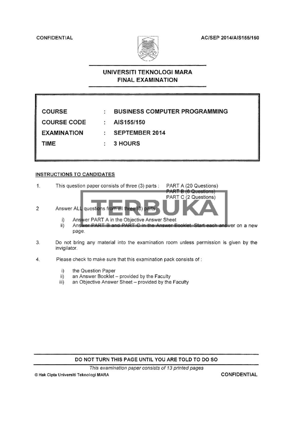 AIS155 - Business Computer Programming Final Exam Sept 2014 - Studocu