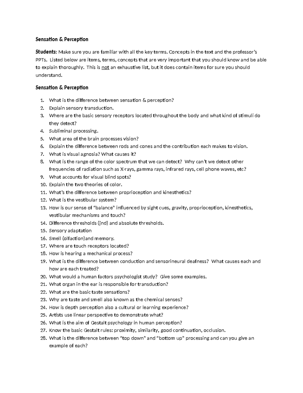 Sensation & Perception Study Guide for PSY 0302: Key Terms & Concepts ...