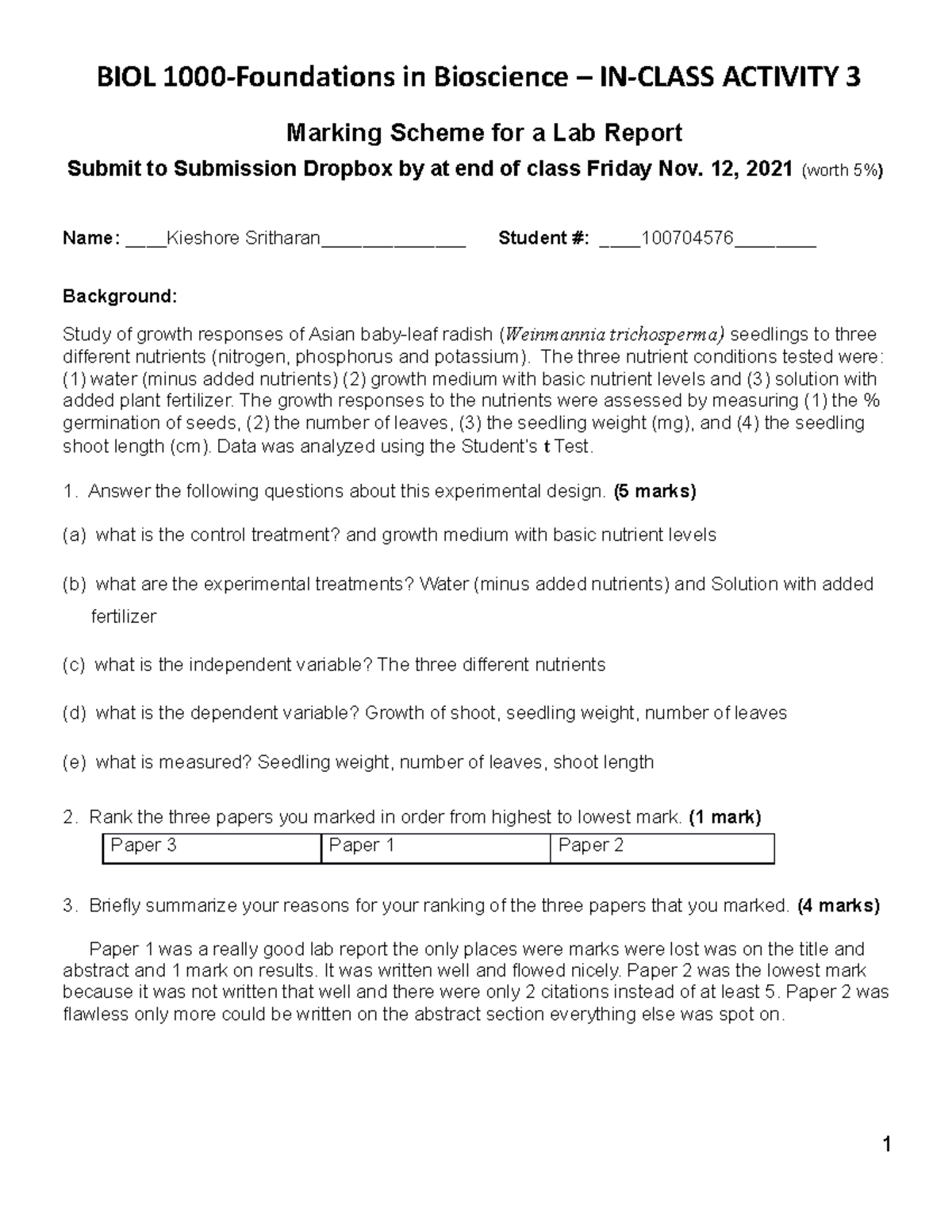 BIOL 1000-Activity 3-Marking Papers - BIOL 1000-Foundations in ...
