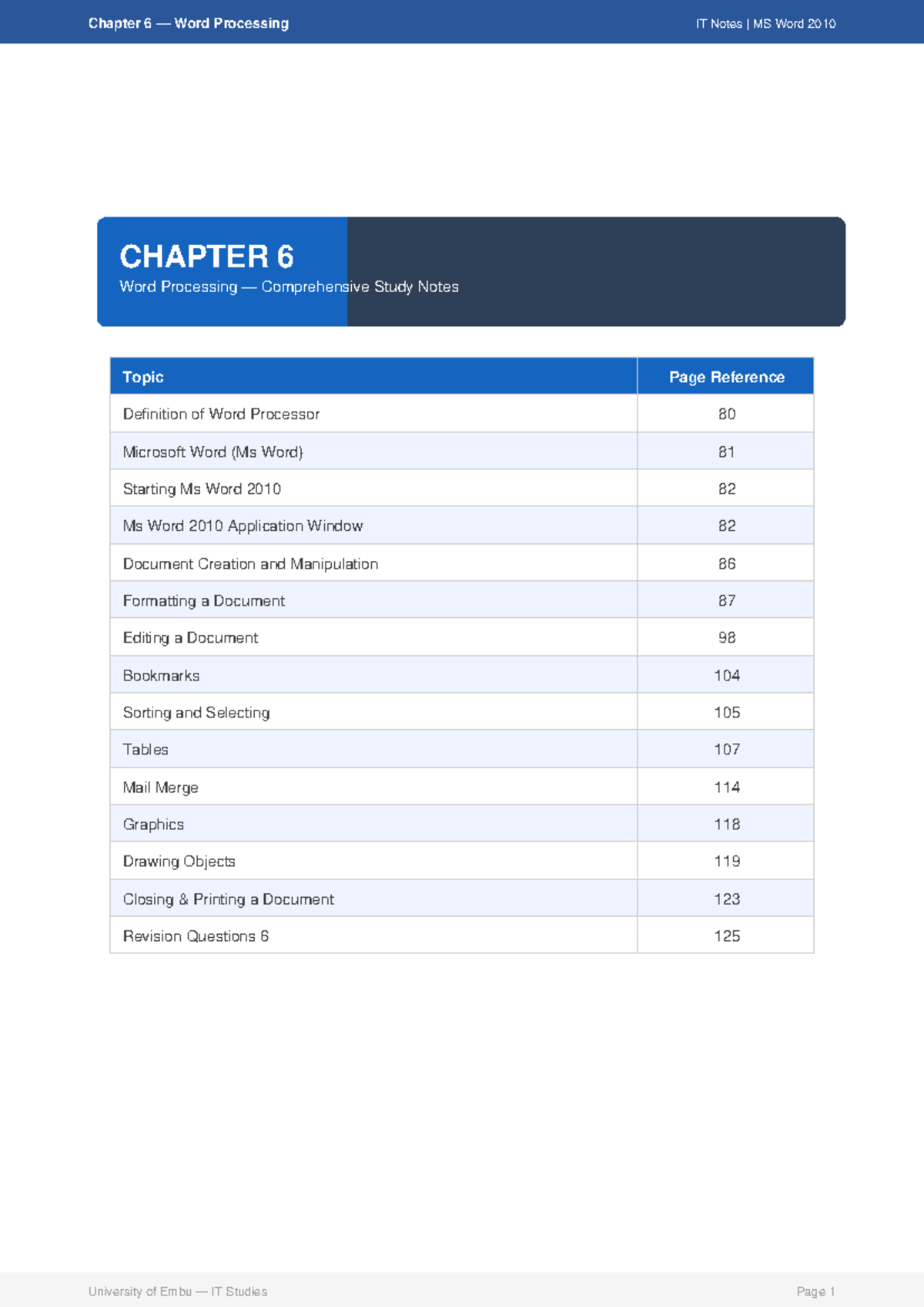 Chapter 6 IT Notes: Comprehensive Guide to MS Word 2010 - Studocu
