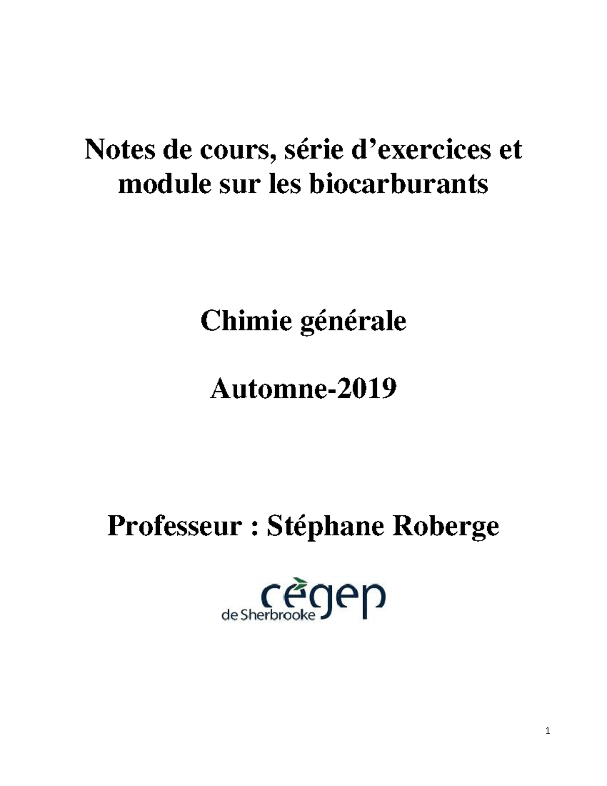 Notes de Cours et Exercices en Chimie Générale - Module Biocarburants ...