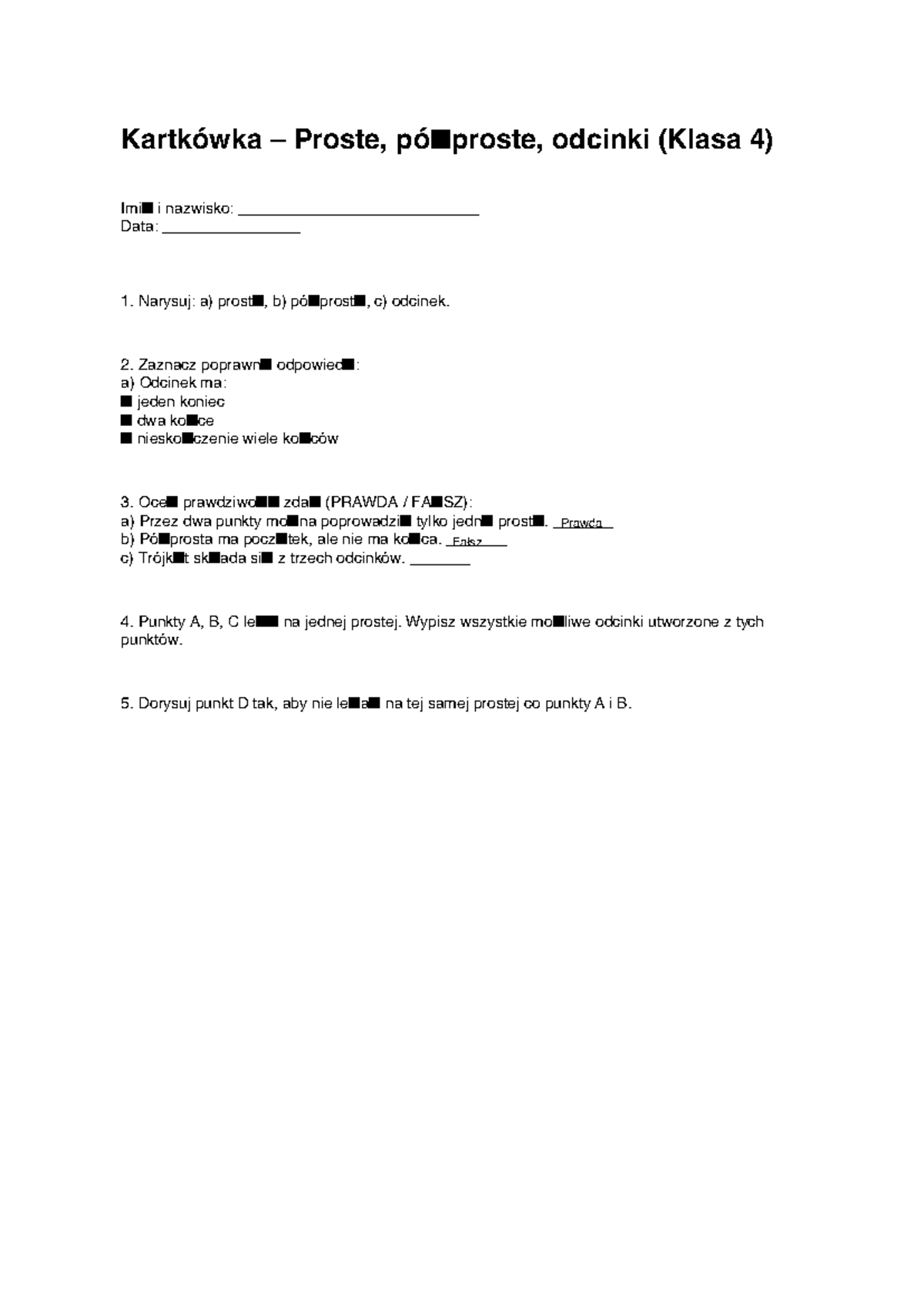 Kartkowka klasa 4 proste polproste odcinki - Kartkówka – Proste, pó ...