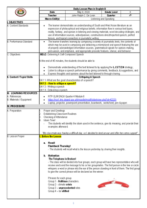 General to particular - Lesson plan for grade 8 - I. OBJECTIVES A ...