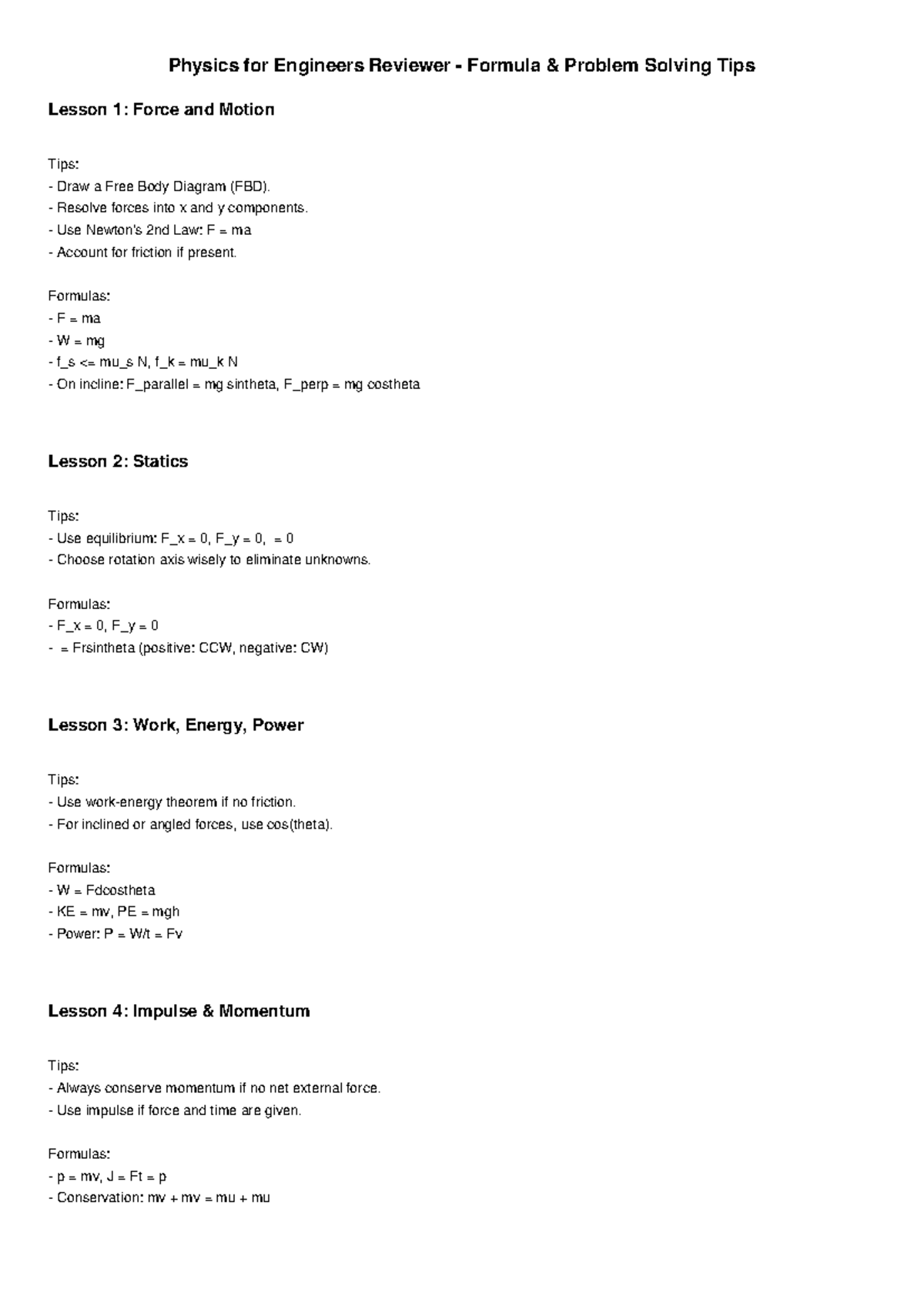 Physics for Engineers PHYS101 Formula Reviewer: Force, Motion & More - Studocu