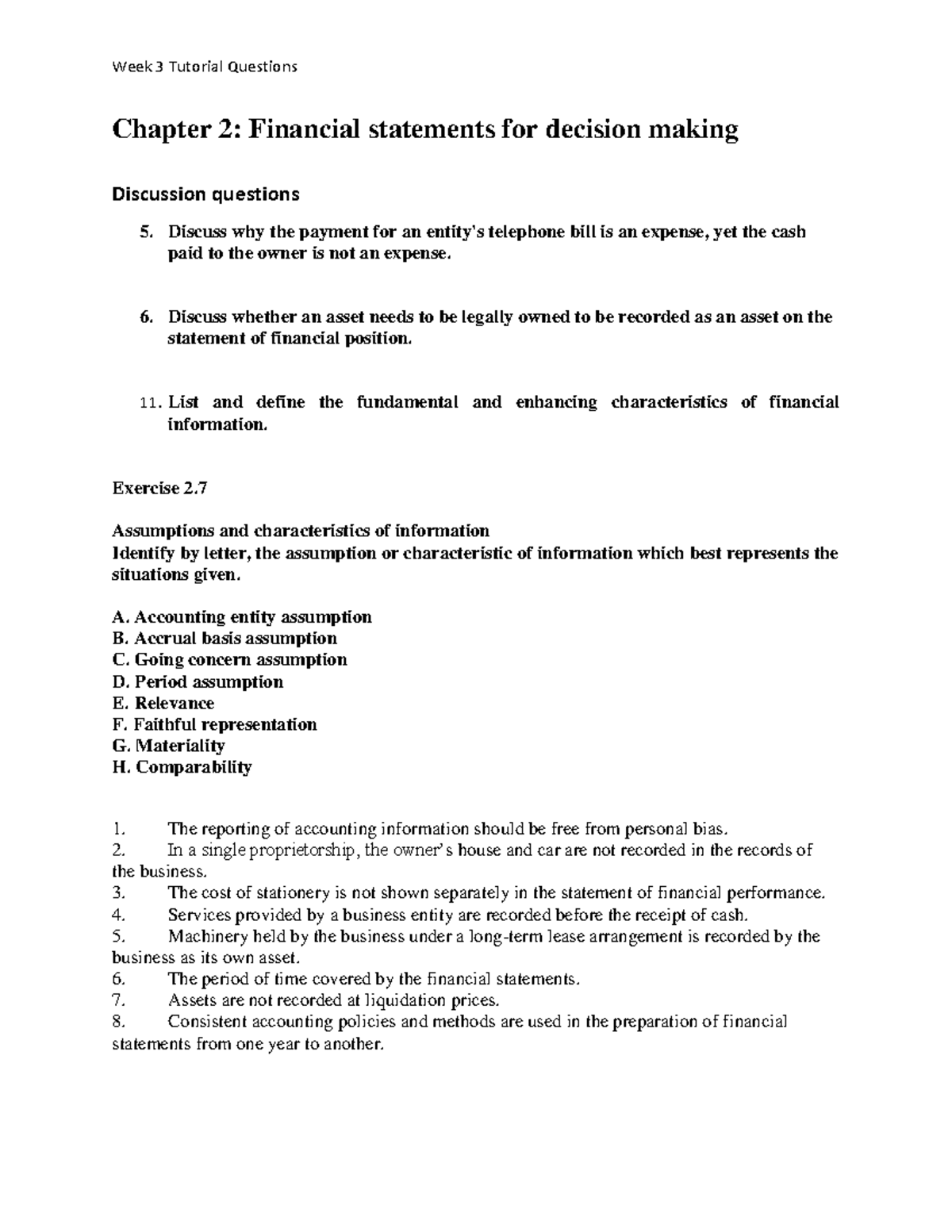 Unit 4 Week 3 Tutorial Qs: Financial Statements & Accounting Concepts ...
