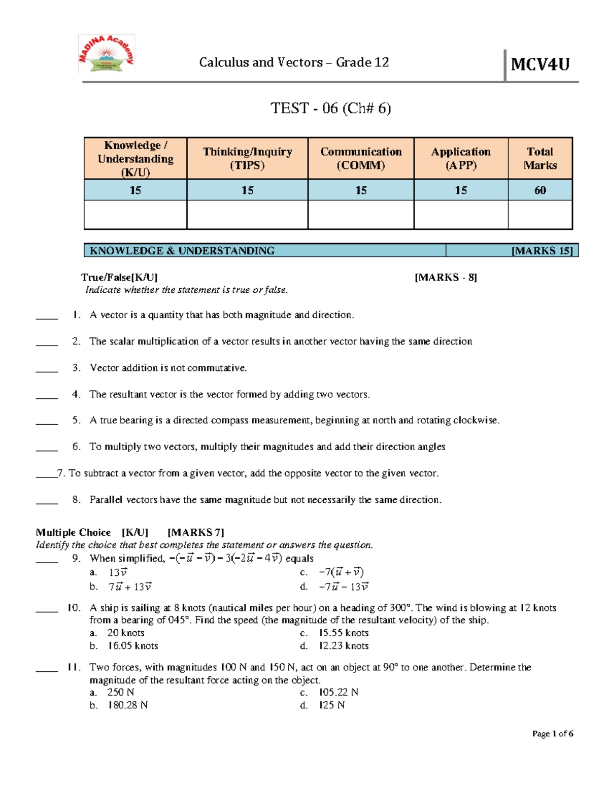 6 TEST - Chapter 6 Calculus & Vectors Review - MCV4U - Studocu