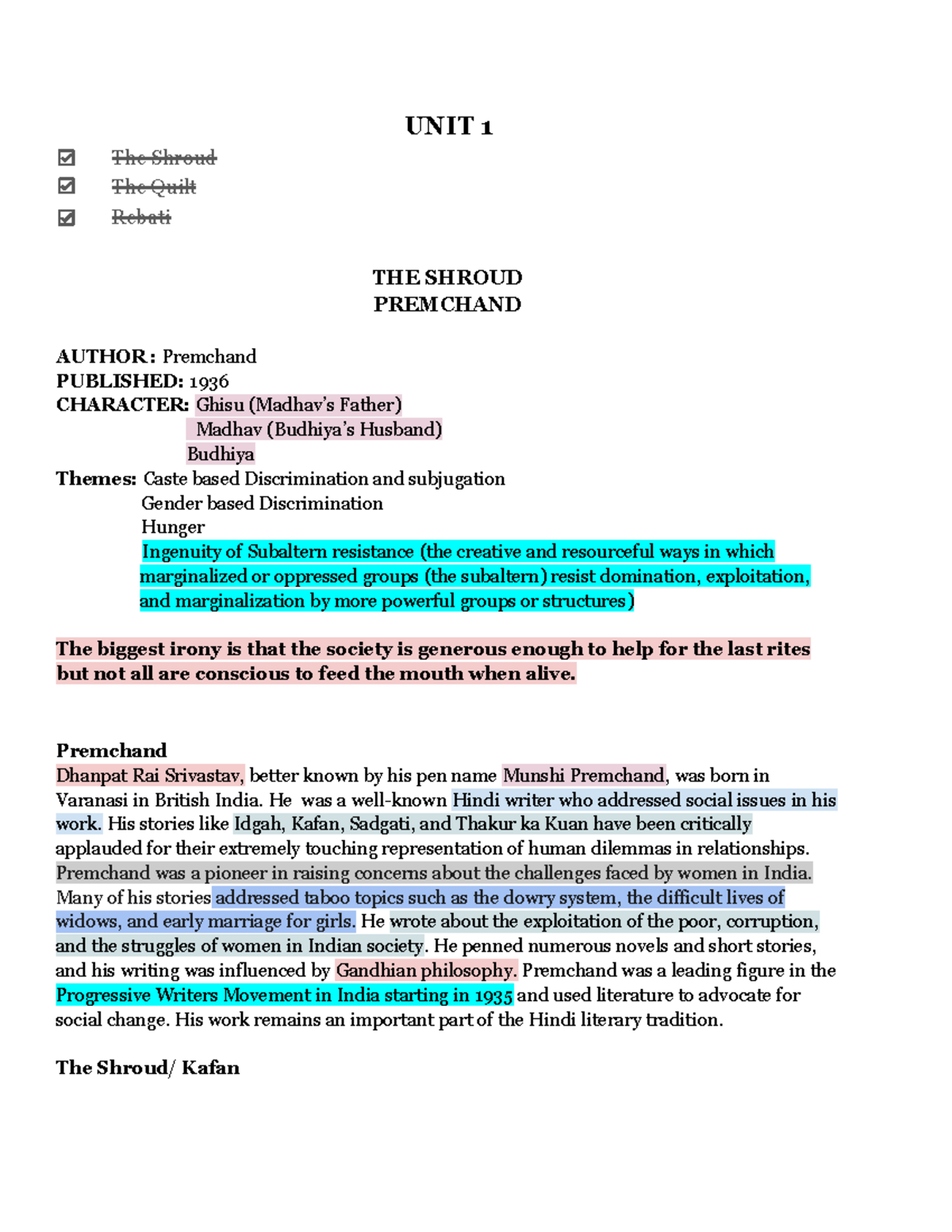 indian writing in english tanslation - UNIT 1 The Shroud The Quilt ...