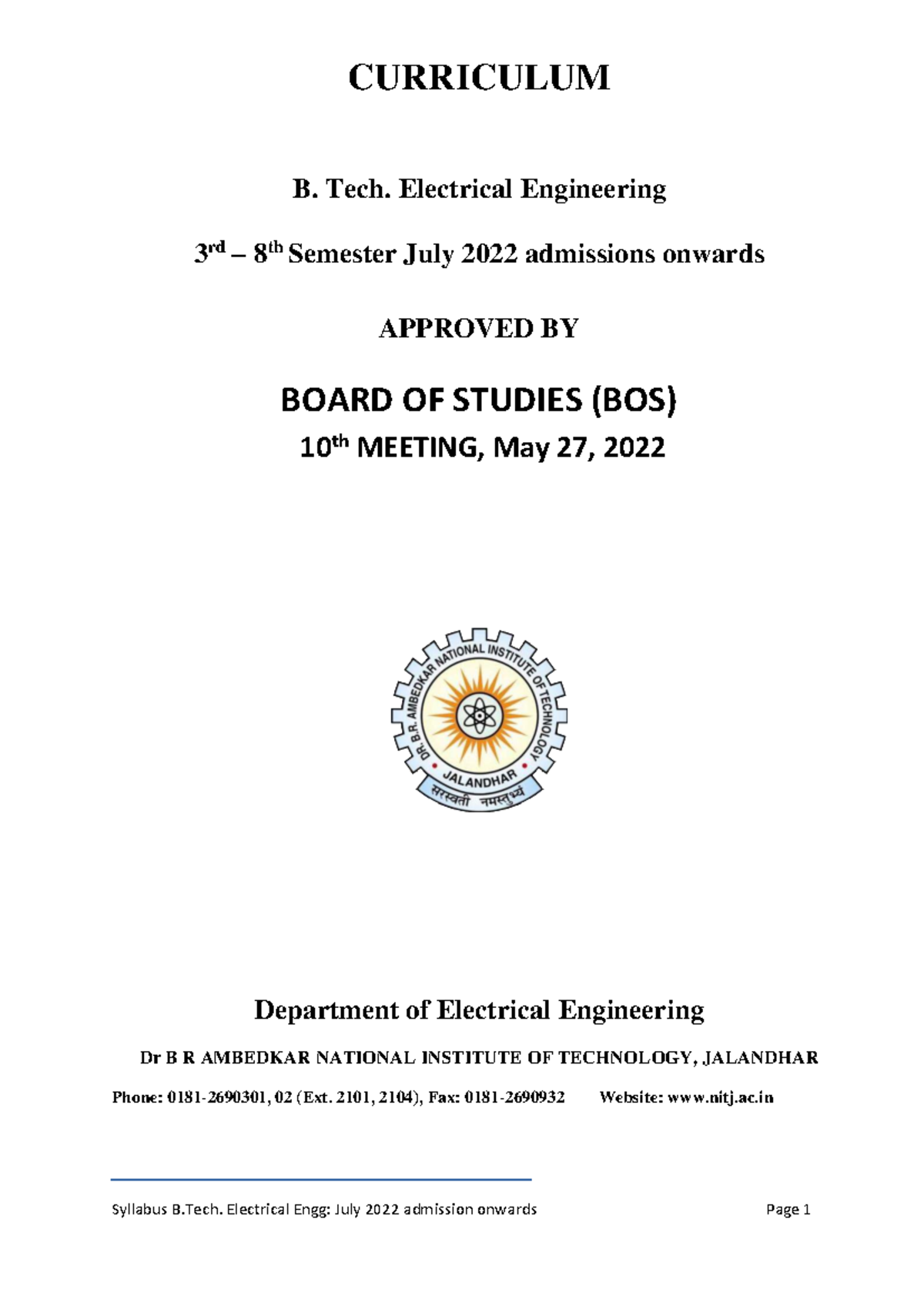Syllabus for B.Tech. Electrical Engineering (EE) 3rd-8th Sem: July 2022 ...