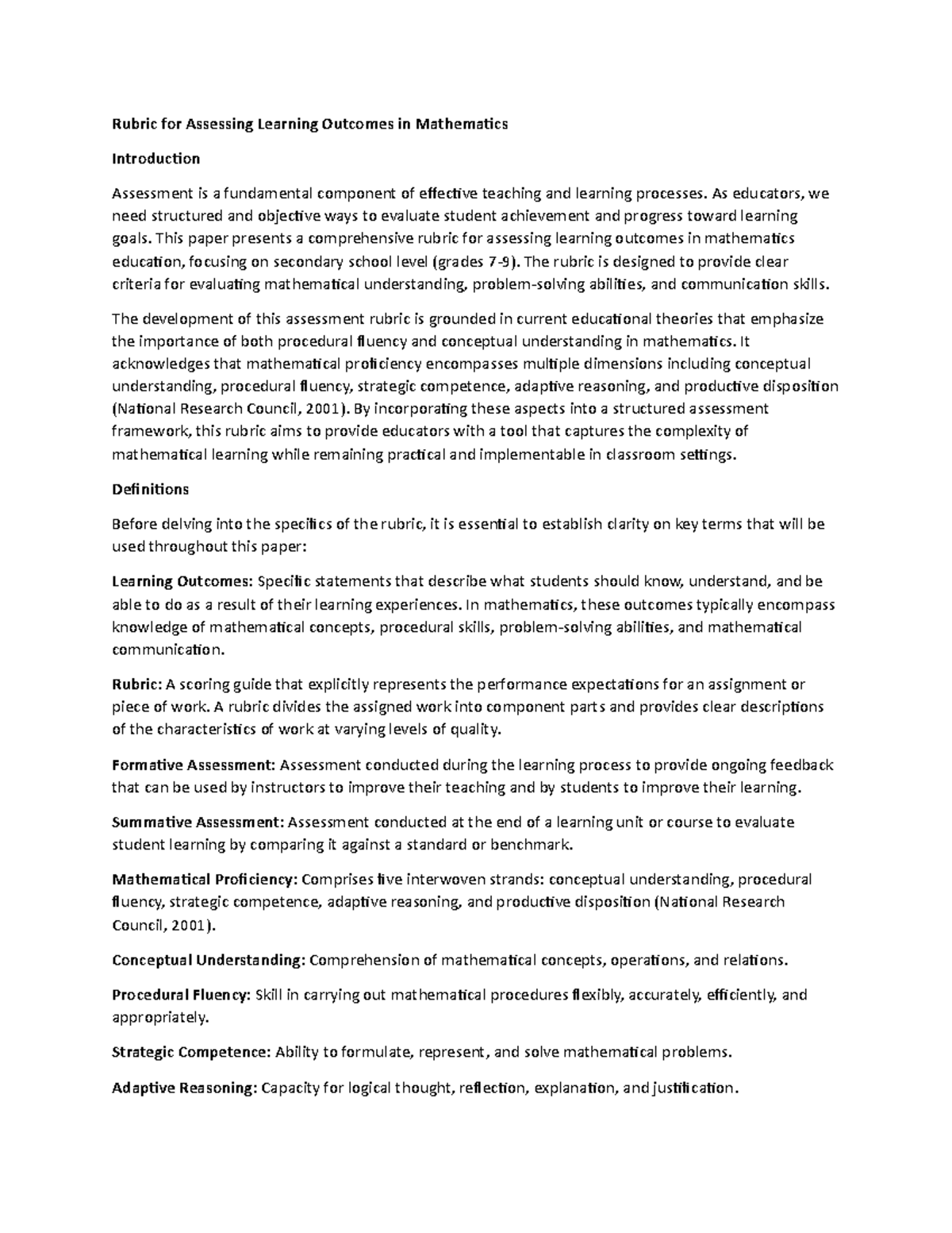Mathematics Assessment Rubric for Learning Outcomes (Grades 8) - Studocu