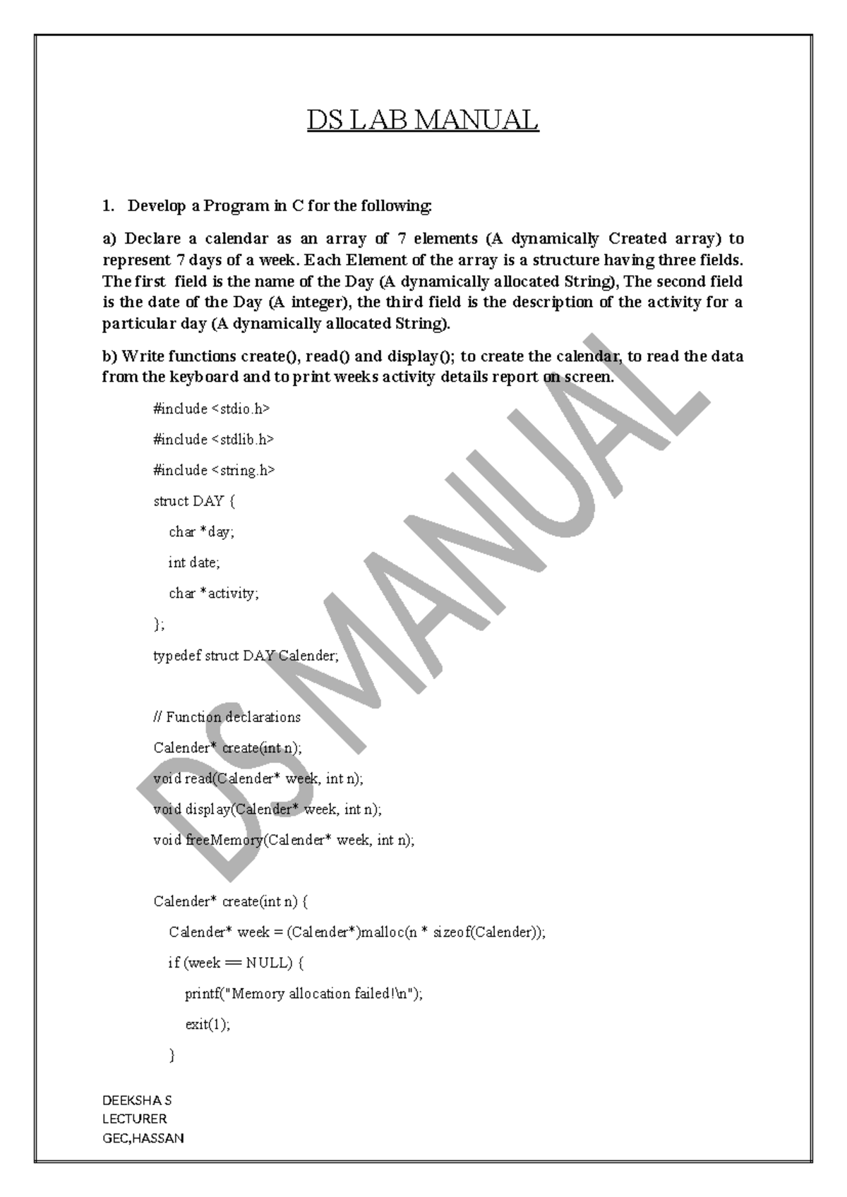 DS LAB MANUAL: C Programs for Calendar & String Operations - Studocu