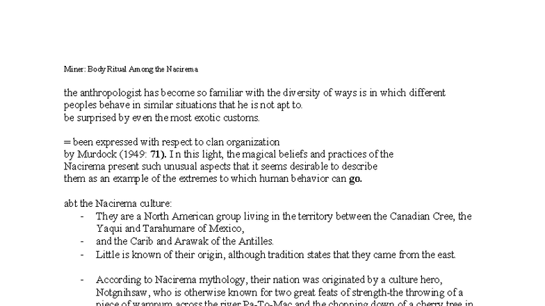 Miner: Notes on Body Ritual Among the Nacirema Culture - Studocu